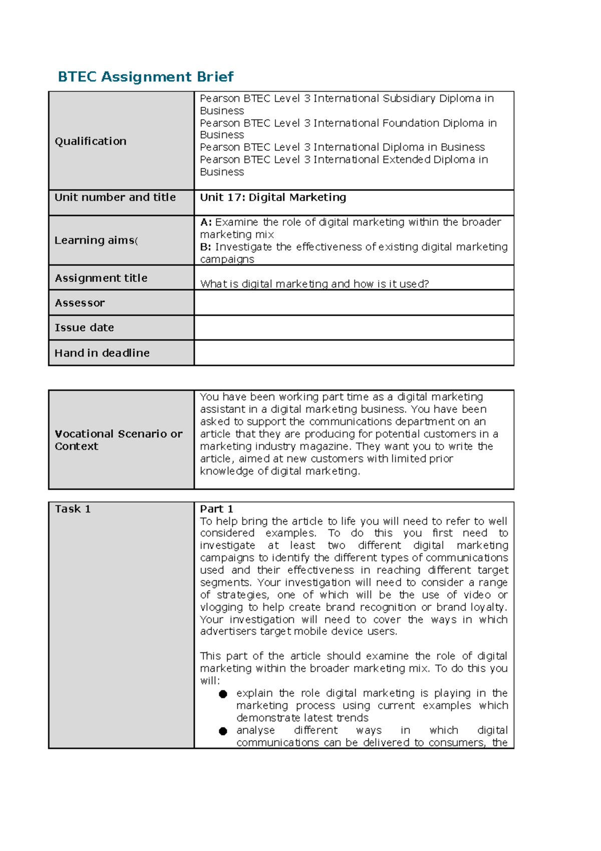 Unit 17 Digital Marketing AAB Learning Aims AB Version 1(2023) - BTEC Assignment Brief ...