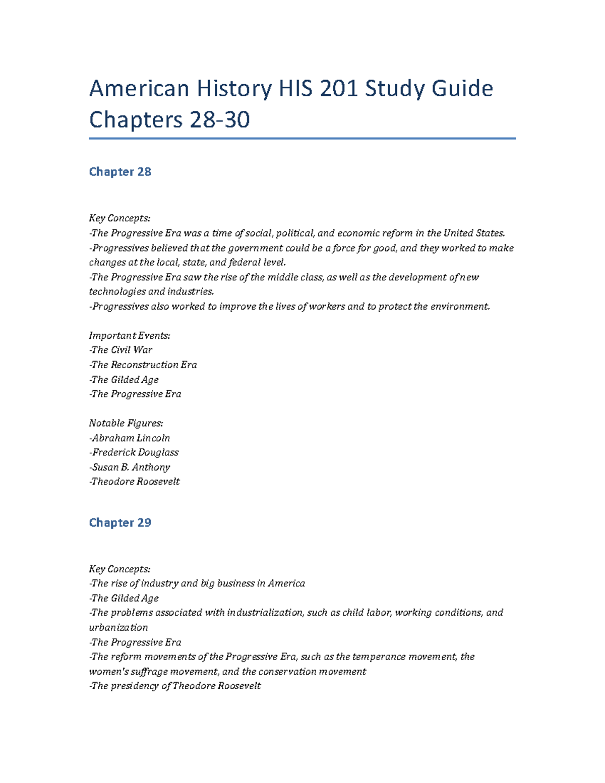 American History HIS 201 Study Guide Chapters 28-30 - American History ...