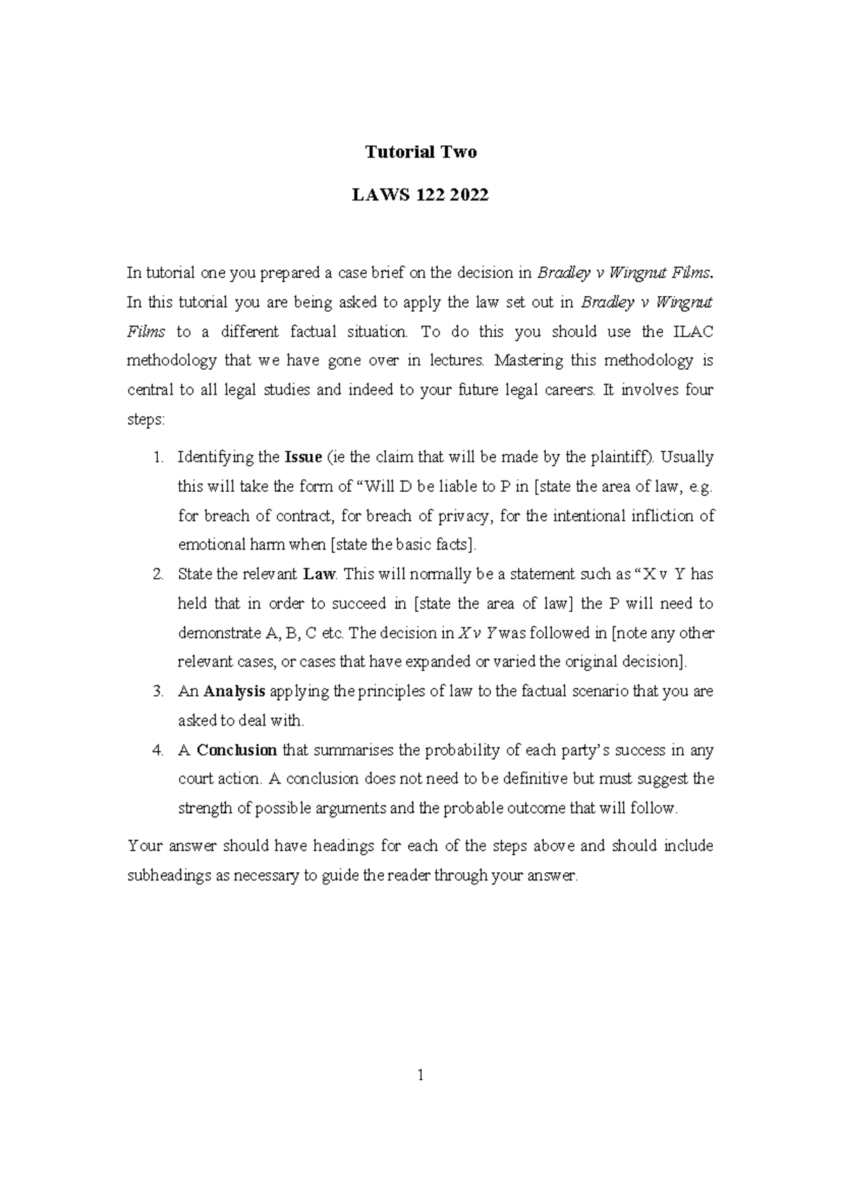 Tutorial 2 2022 Question - Tutorial Two LAWS 122 2022 In tutorial one ...