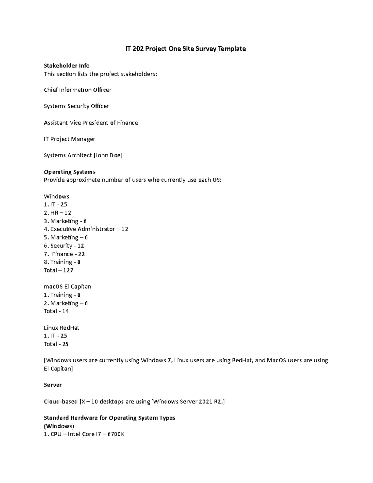 IT 202 Project One - ] Standard Hardware for Operating System Types ...