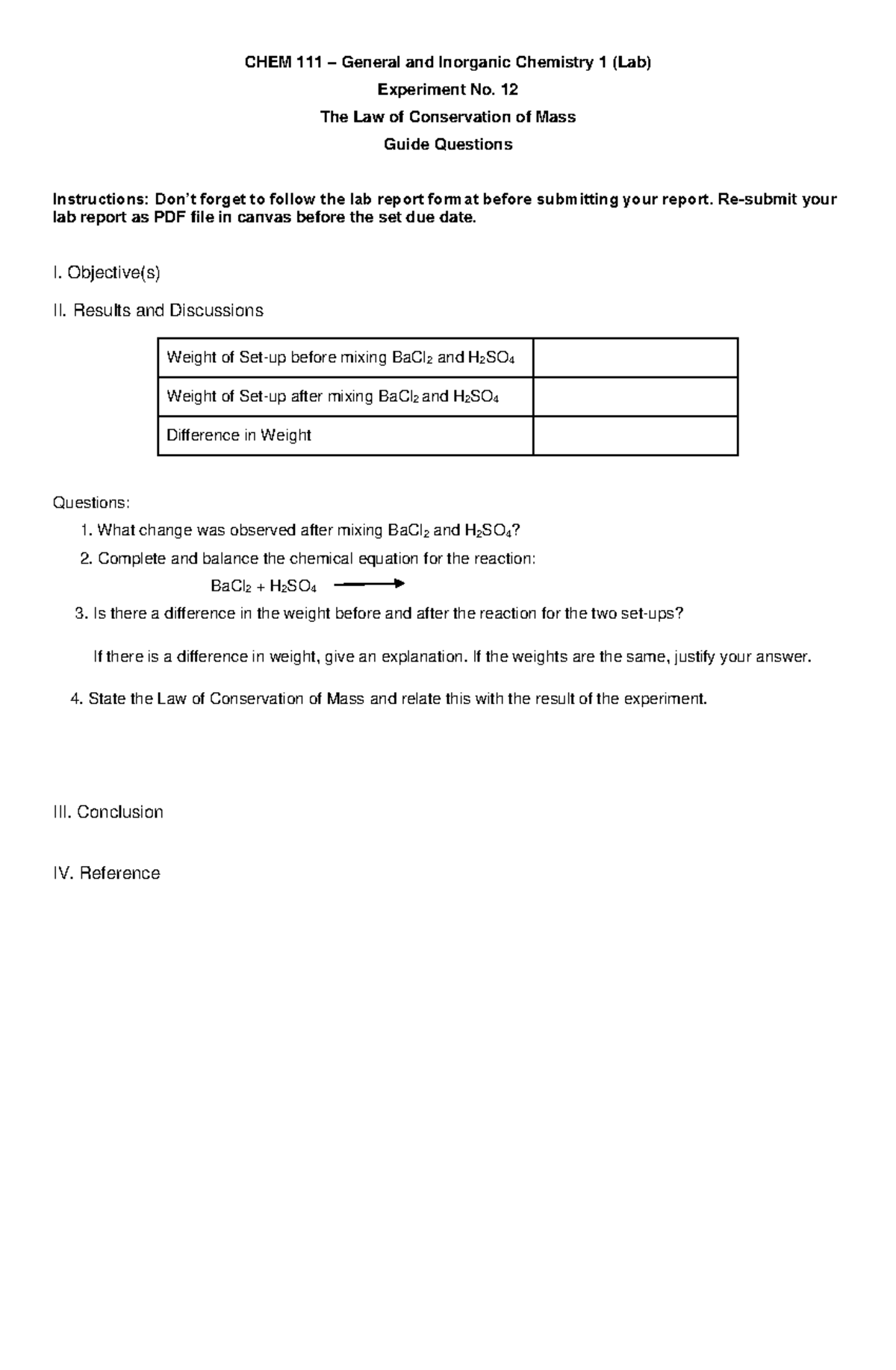 Expt. No. 12 - The Law of Conservation of Mass - CHEM 111 – General and ...