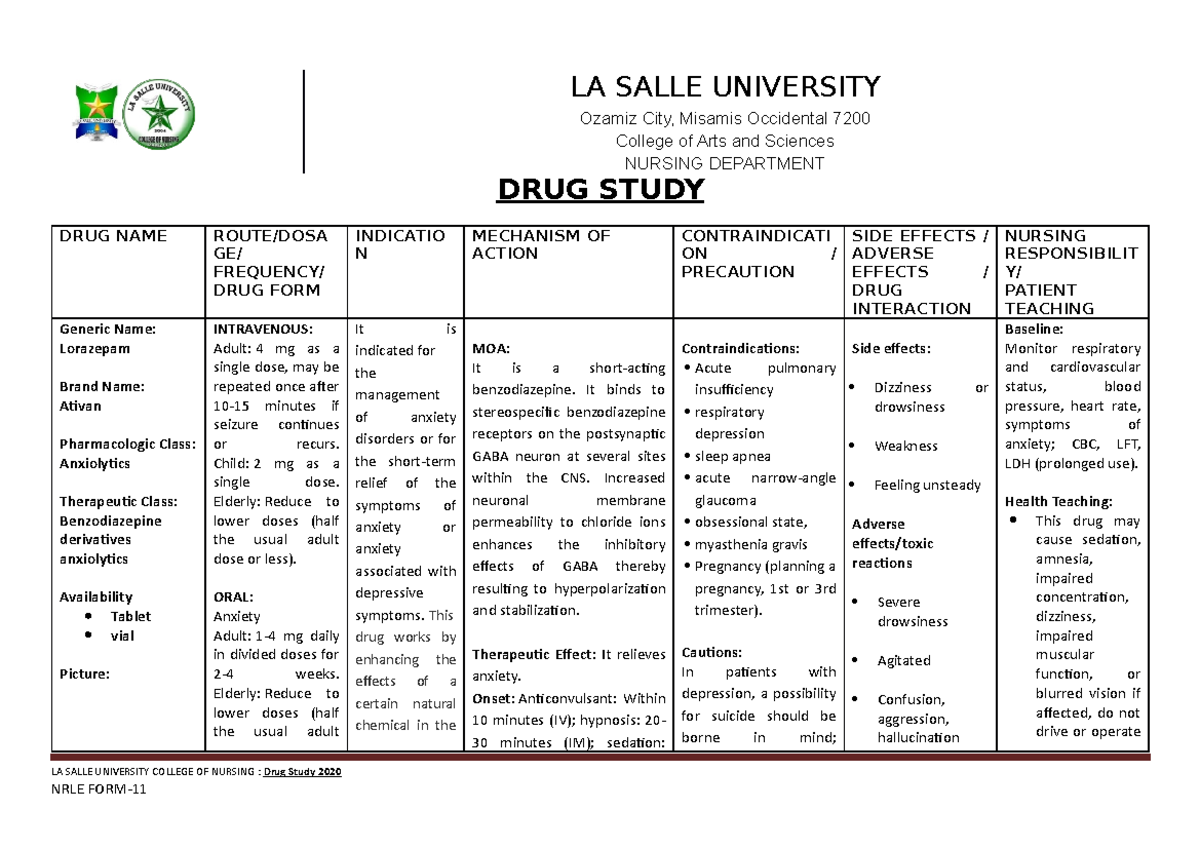 Maghanoy Lorazepam Drugstudy - LA SALLE UNIVERSITY Ozamiz City, Misamis ...