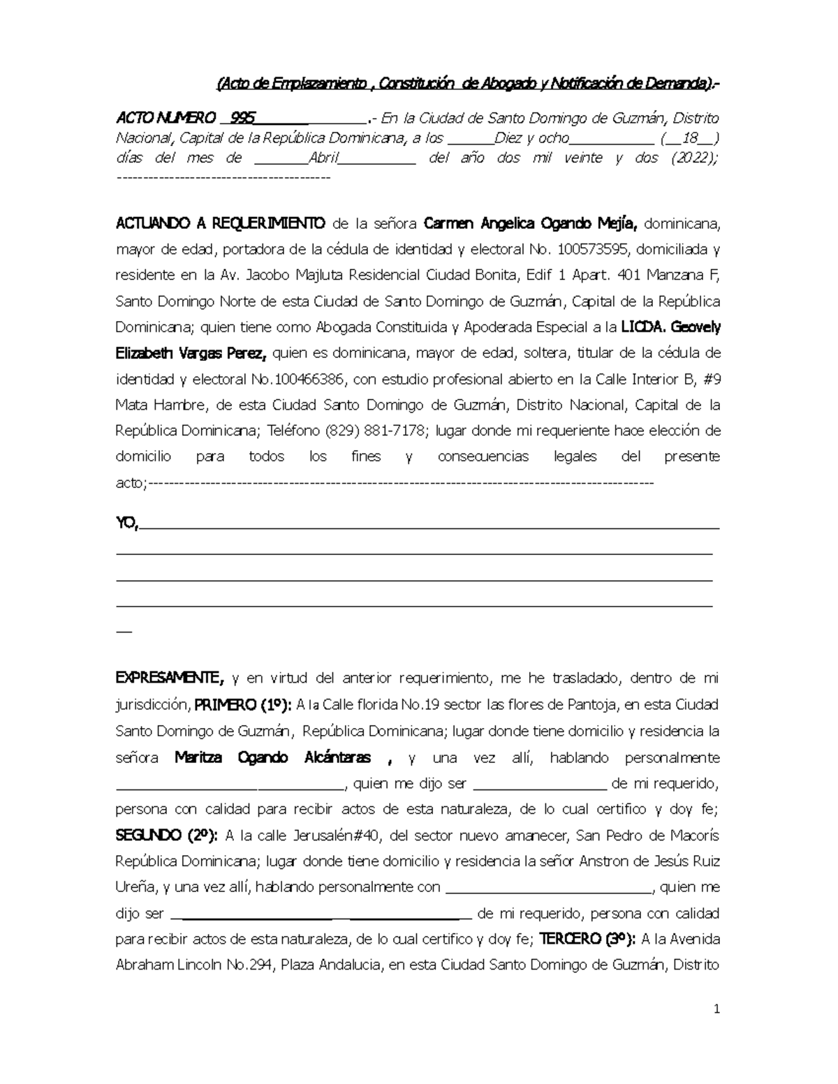 Emplazamiento Procesal Civil II Para Maritza Y Anstron - (Acto de ...