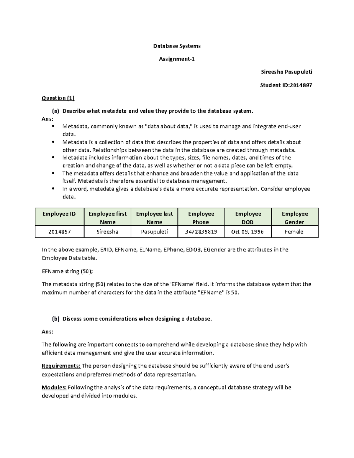 DB assignment 1 Sireesha Pasupuleti - Database Systems Assignment- Sireesha Pasupuleti Student ...