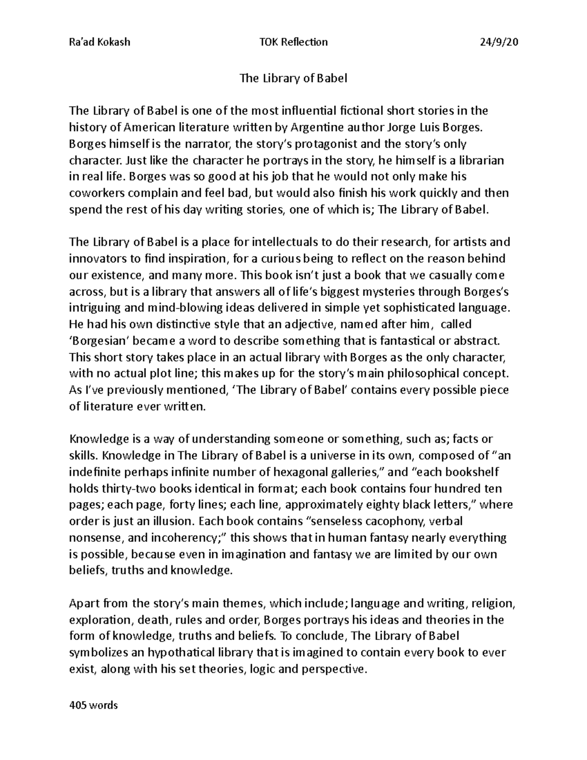 The Library of Babel - assignment done - Ra’ad Kokash TOK Reflection 24 ...