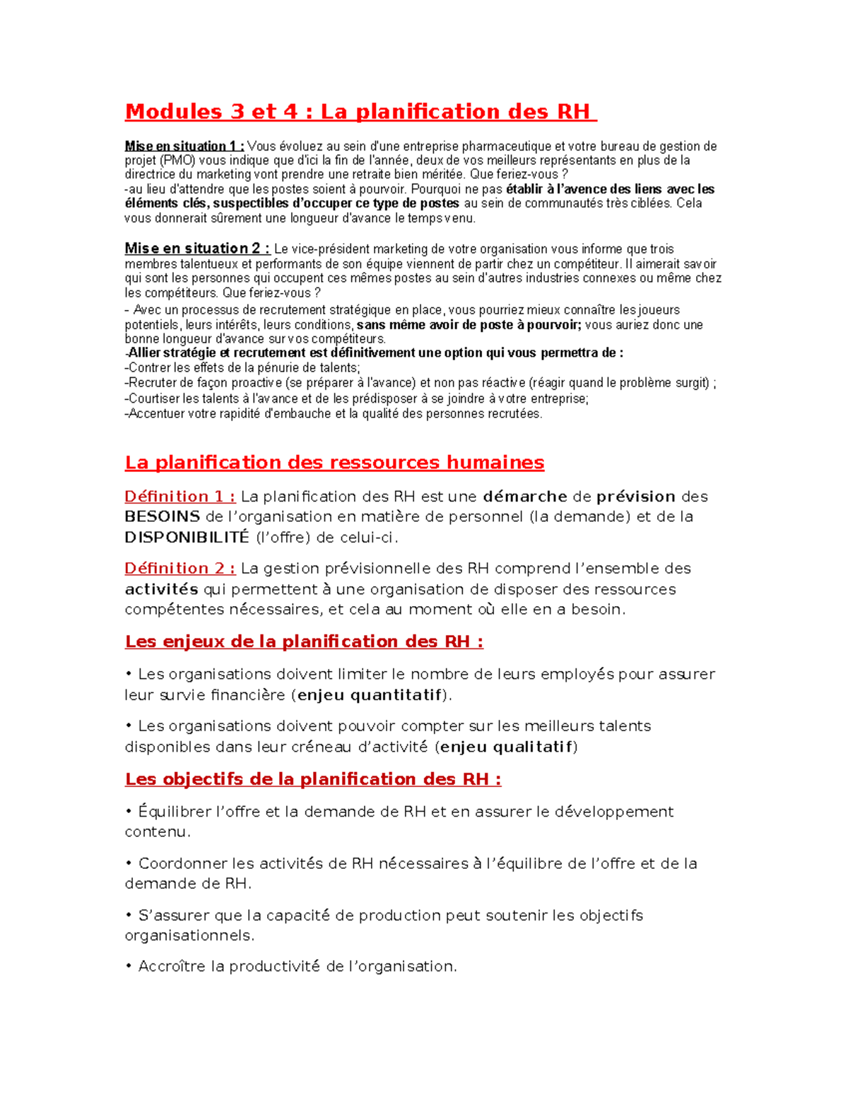 GRH - Résumé des cours - Modules 3 et 4 : La planification des RH Mise ...
