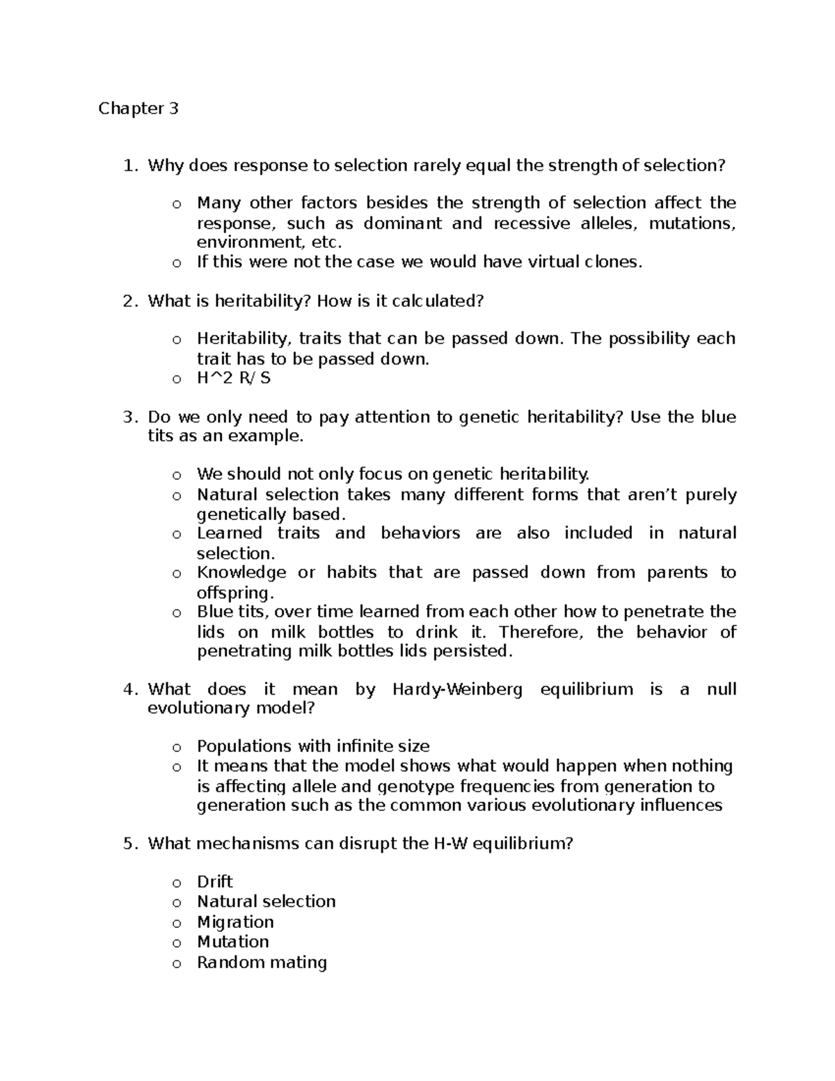 Chapter 3 review bio ii - Chapter 3 Why does response to selection ...