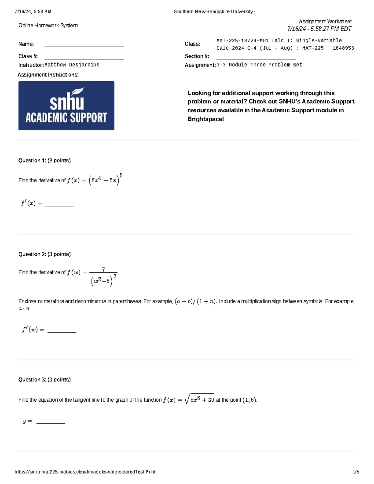 3-3 Problem Set - Online Homework System Assignment Worksheet 7/16/24 ...