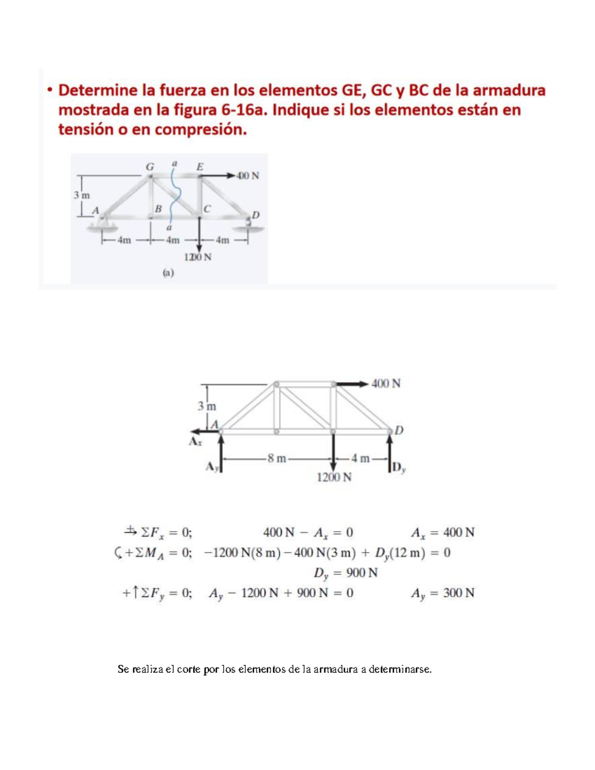 Estatica Tarea Ejercicio Unidad 4 AB - Estática (FT) - Se realiza el corte por los elementos de ...