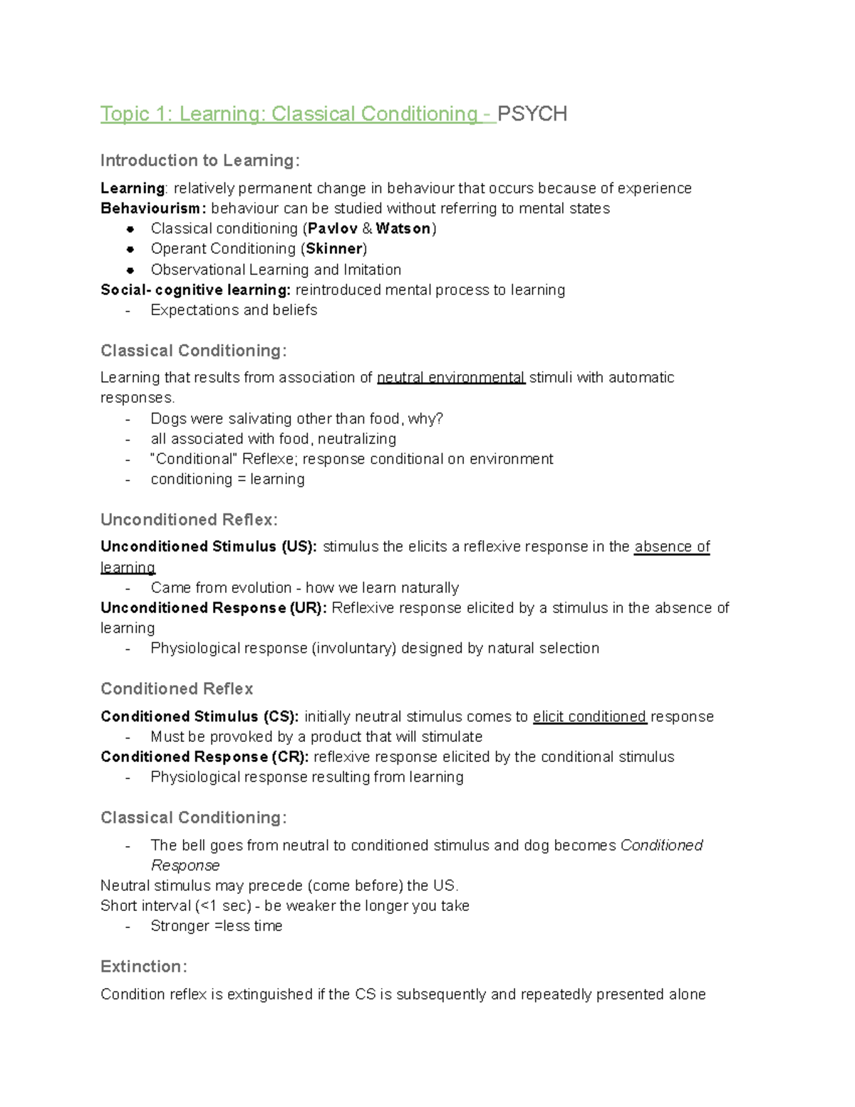 Psych - Topic 1 Learning Classical Conditioning (sept 4) - Topic 1 ...