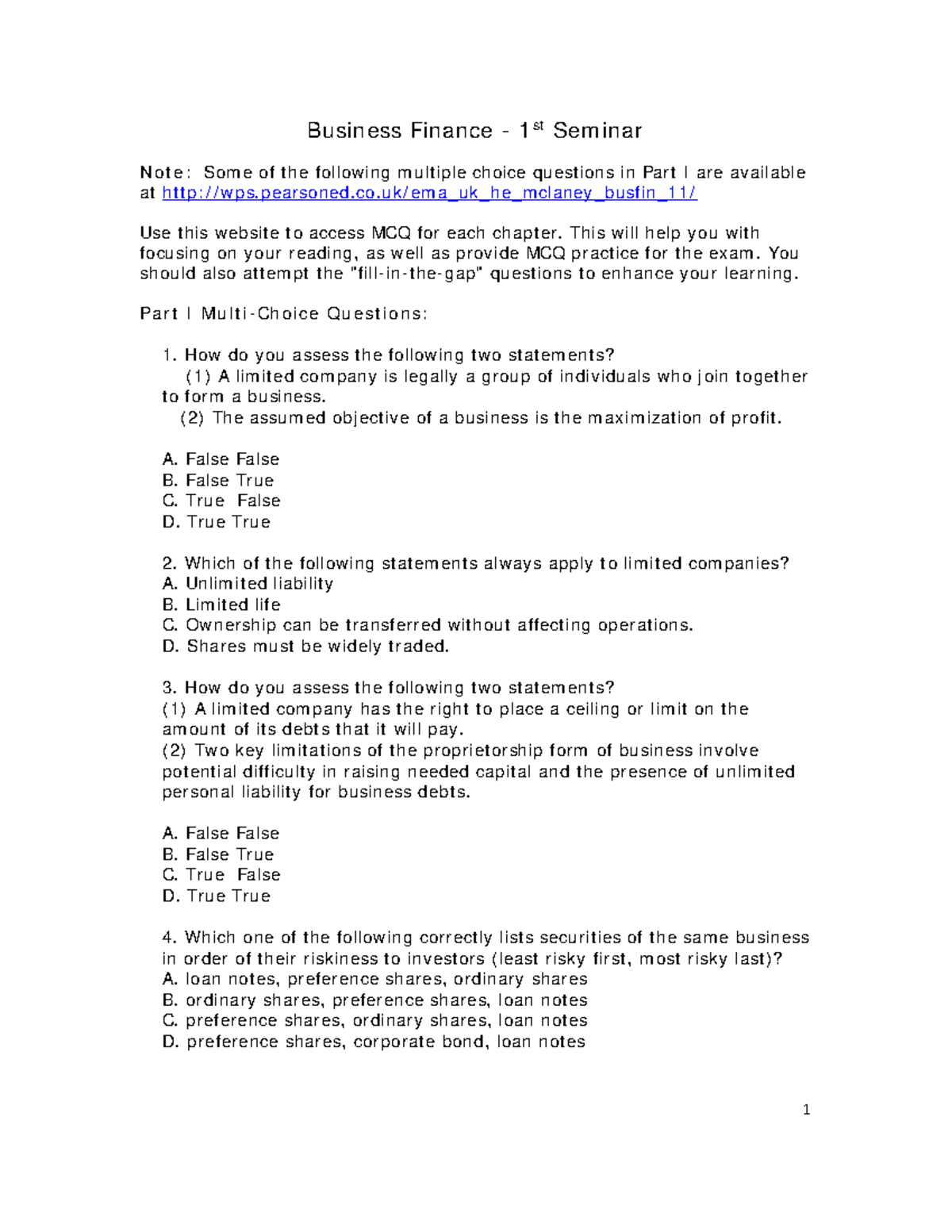 BF-Sem1 - Seminar ONE Questions - Business Finance - 1st Sem inar N o t ...