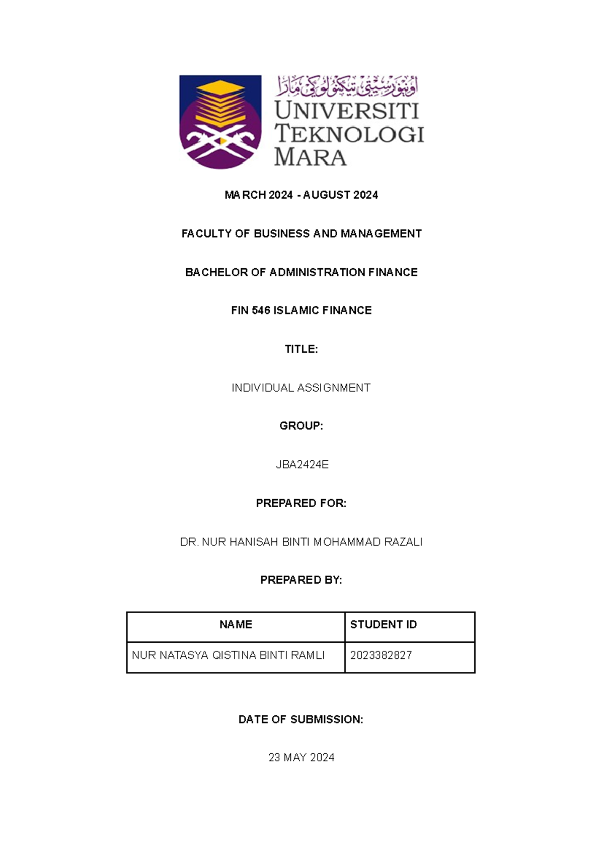 FIN546 Individual Assignment - MARCH 2024 - AUGUST 2024 FACULTY OF ...