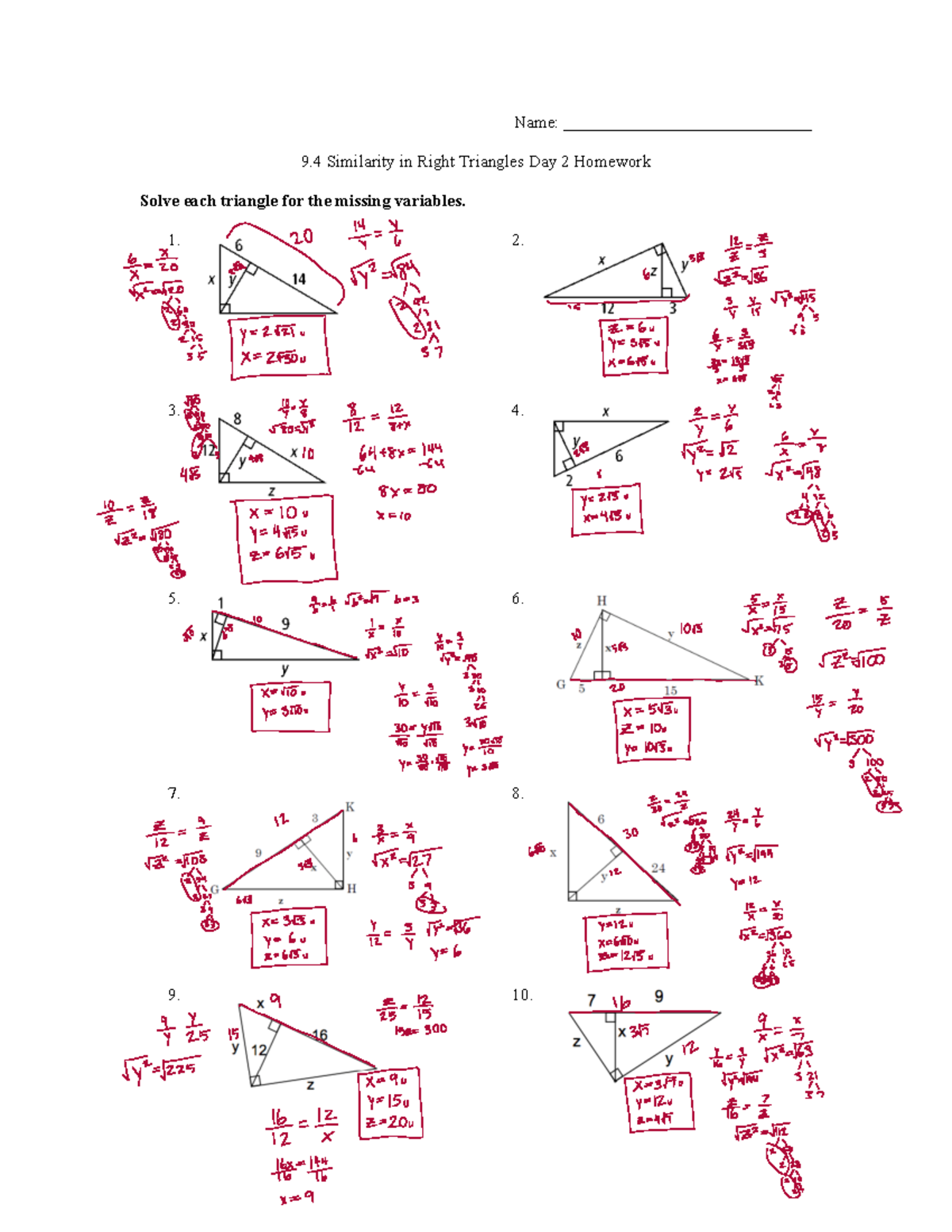 Algebra HW unit 9 - Name: _____________________________ 9 Similarity in ...