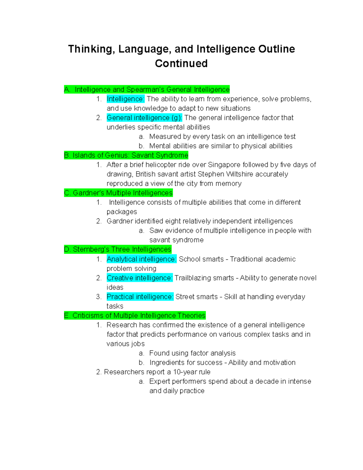 General Psychology-Thinking, Language, and Intelligence Outline Notes ...