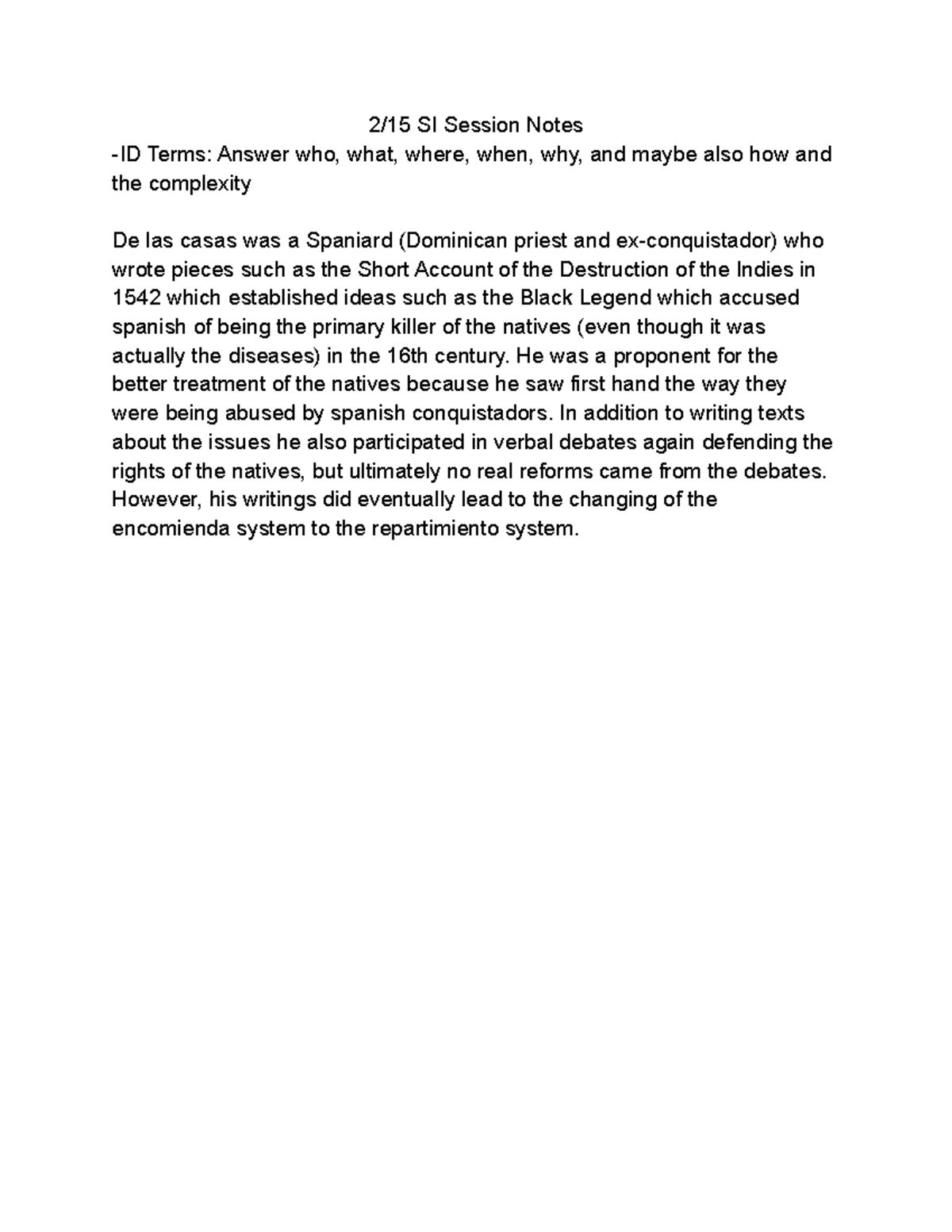 2 15 SI Session Notes - 2/15 SI Session Notes -ID Terms: Answer who ...