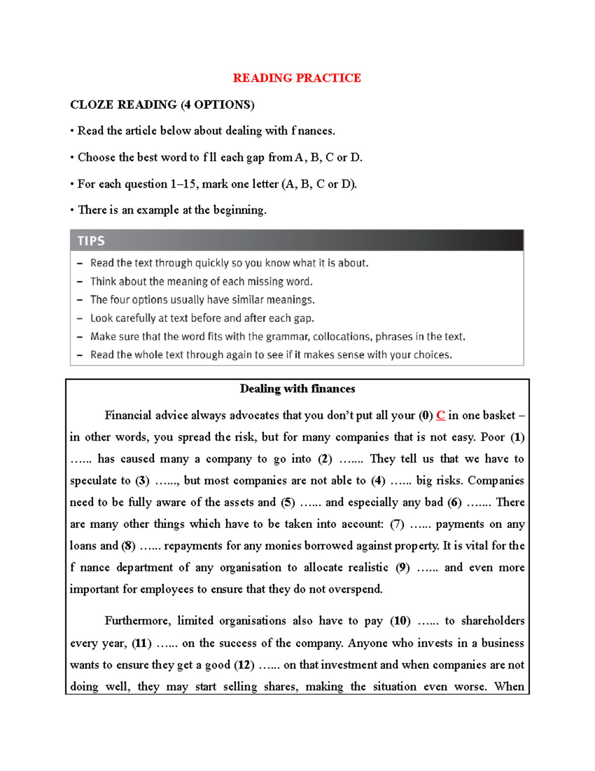 3. Cloze Reading (4 Options) - READING PRACTICE CLOZE READING (4 ...