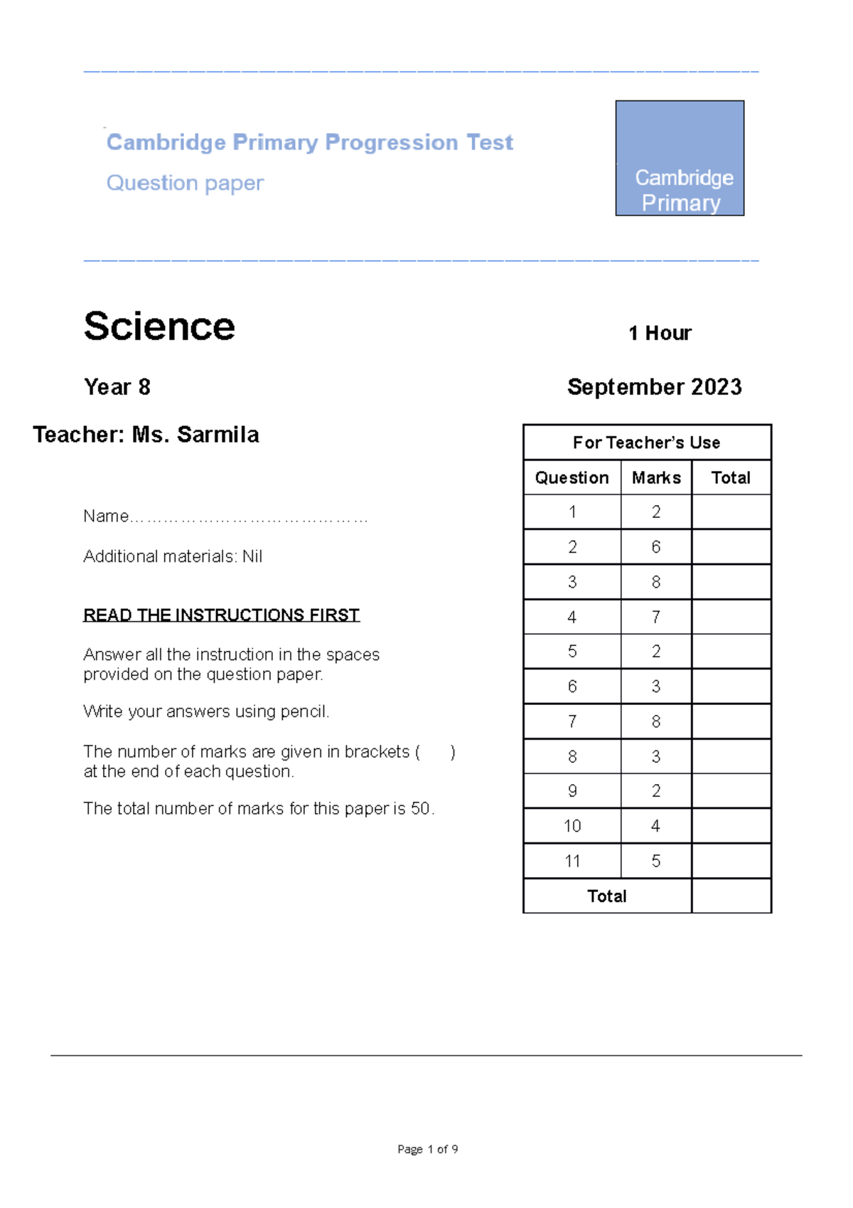KS3 Biology Baseline Test - Page 1 of 9 Science 1 Hour Year 8 September ...