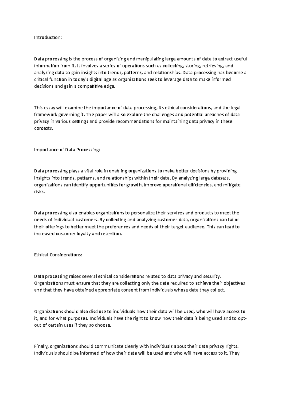 Assign 1 Data Processing - Introduction: Data processing is the process of organizing and - Studocu