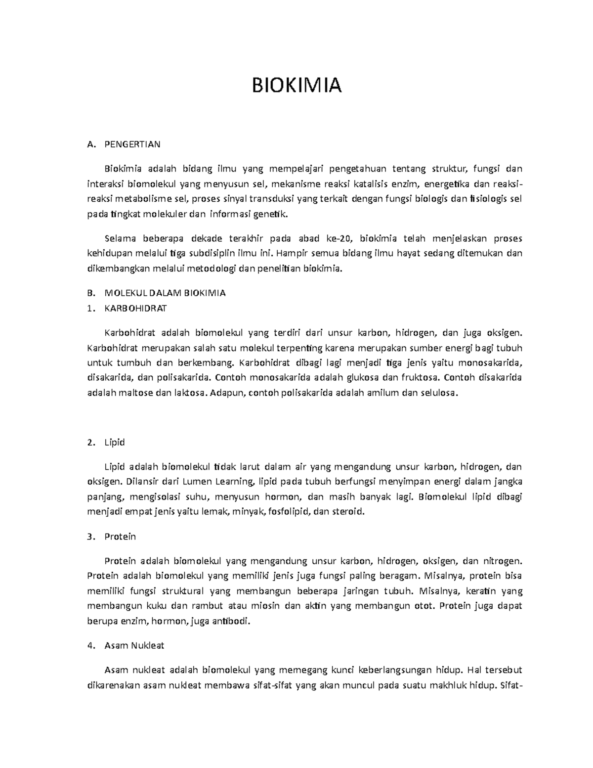 Biokimia - BIOKIMIA A. PENGERTIAN Biokimia adalah bidang ilmu yang ...