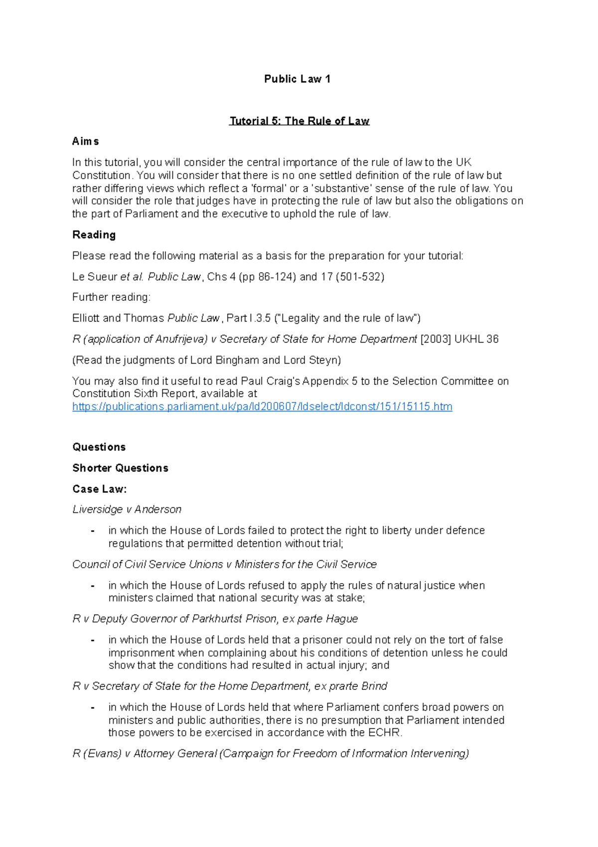 Tutorial 4 Rule Of Law Rule Of Law LAWS1026 Southampton Studocu