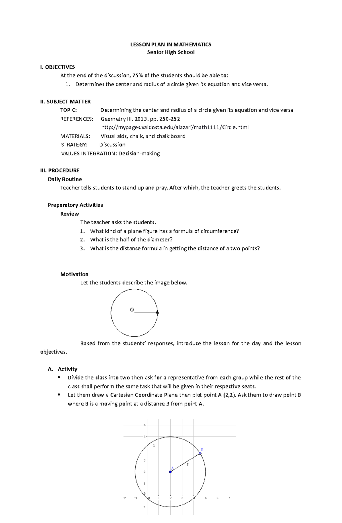 Lesson PLAN IN Mathematics Senior High S - O A LESSON PLAN IN ...