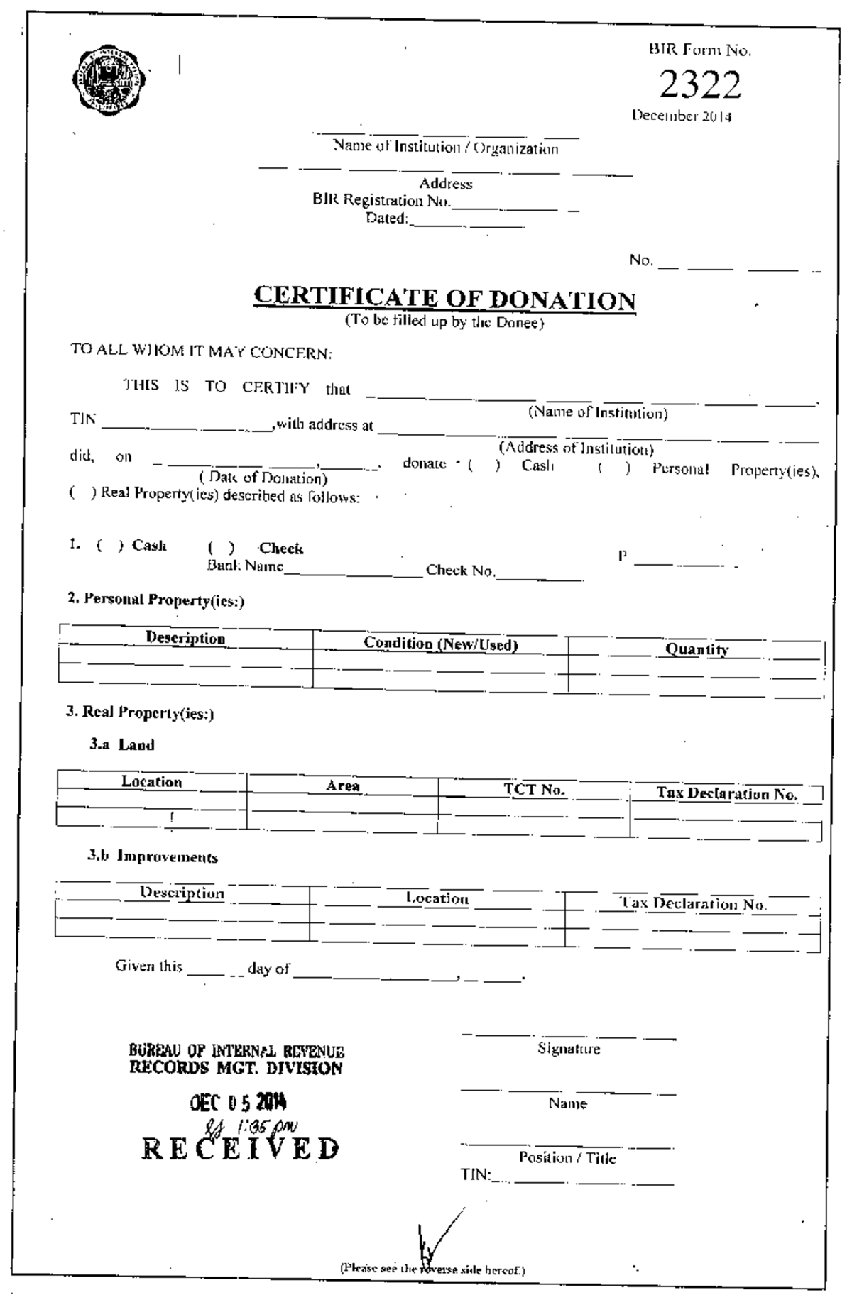 Certificate of Donation (BIR Form 2322) - Accountancy - Studocu