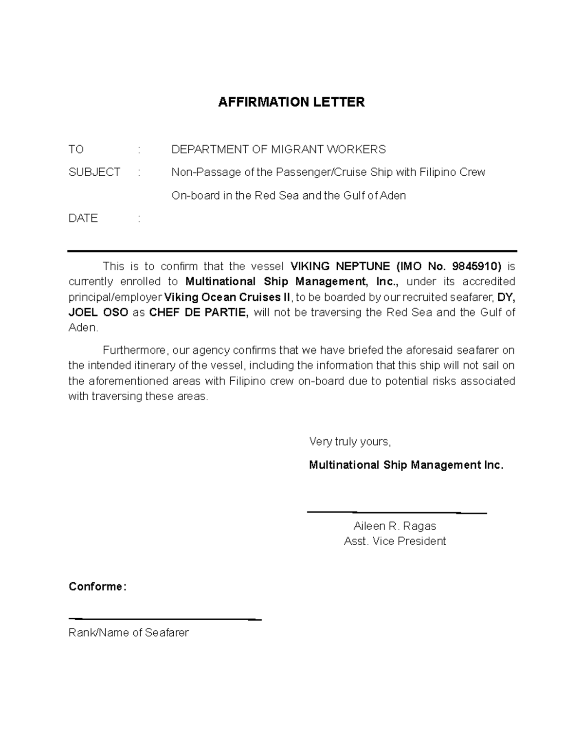 DY- Affirmation - AFFIRMATION LETTER TO : DEPARTMENT OF MIGRANT WORKERS ...