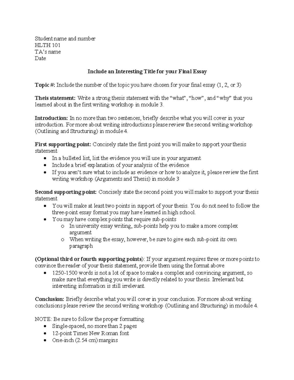 F22 HLTH 101 Final Essay Planning Assignment Instructions - Student name and number HLTH 101 TA ...