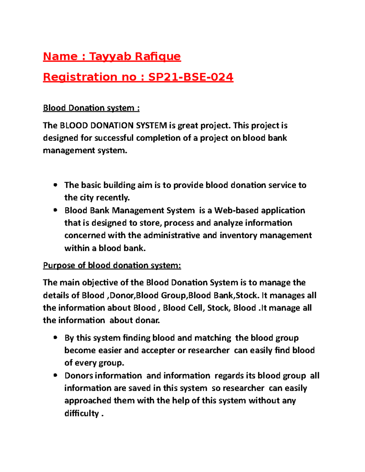 Oose project proposal - Name : Tayyab Rafique Registration no : SP21 ...