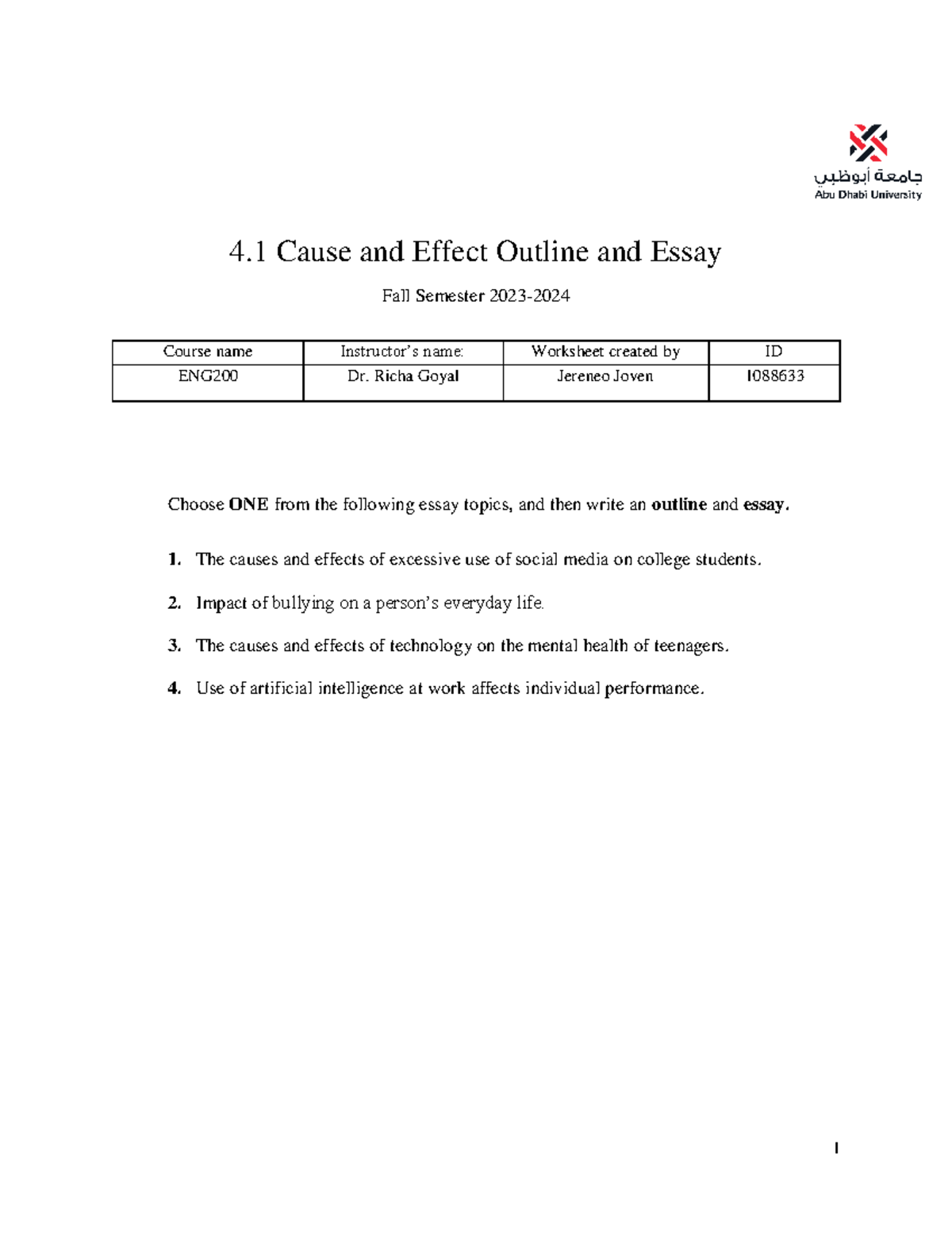 ENG200 - Cause and Effect Outline and Essay 2 (E) - 4 Cause and Effect ...