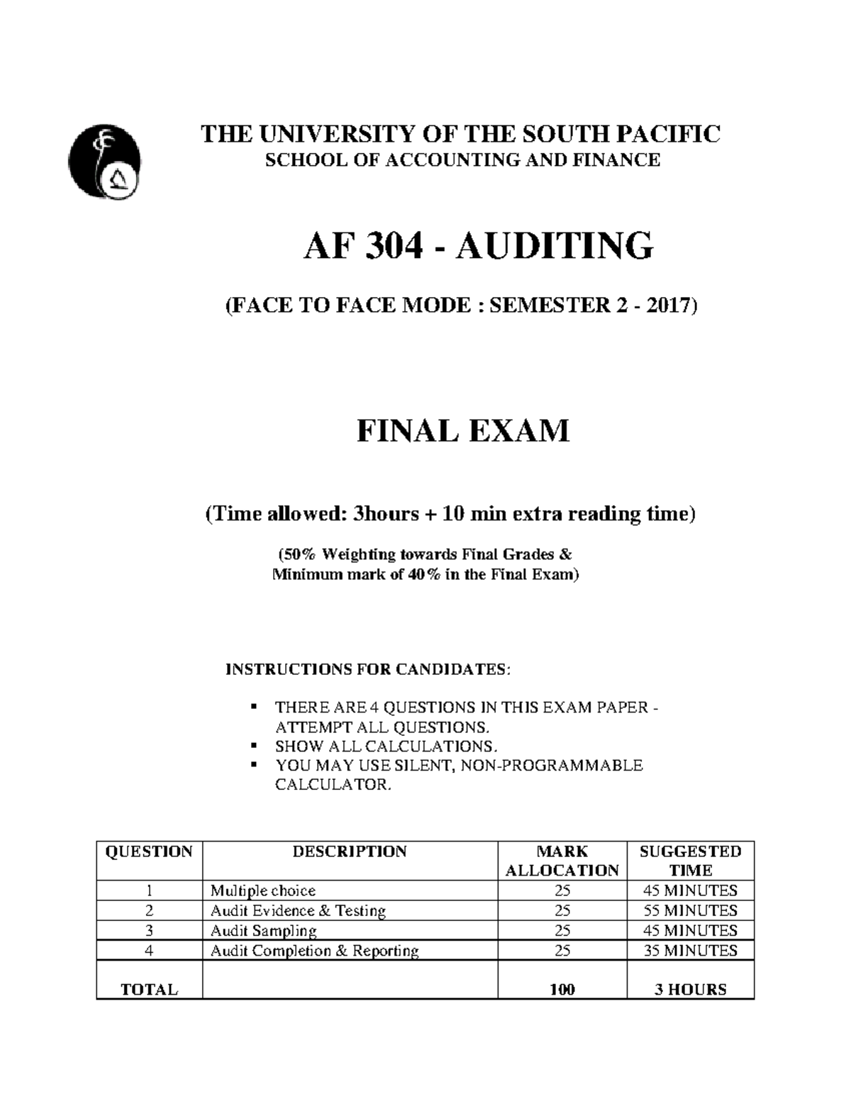 AF304 Exam - exam - THE UNIVERSITY OF THE SOUTH PACIFIC SCHOOL OF ...