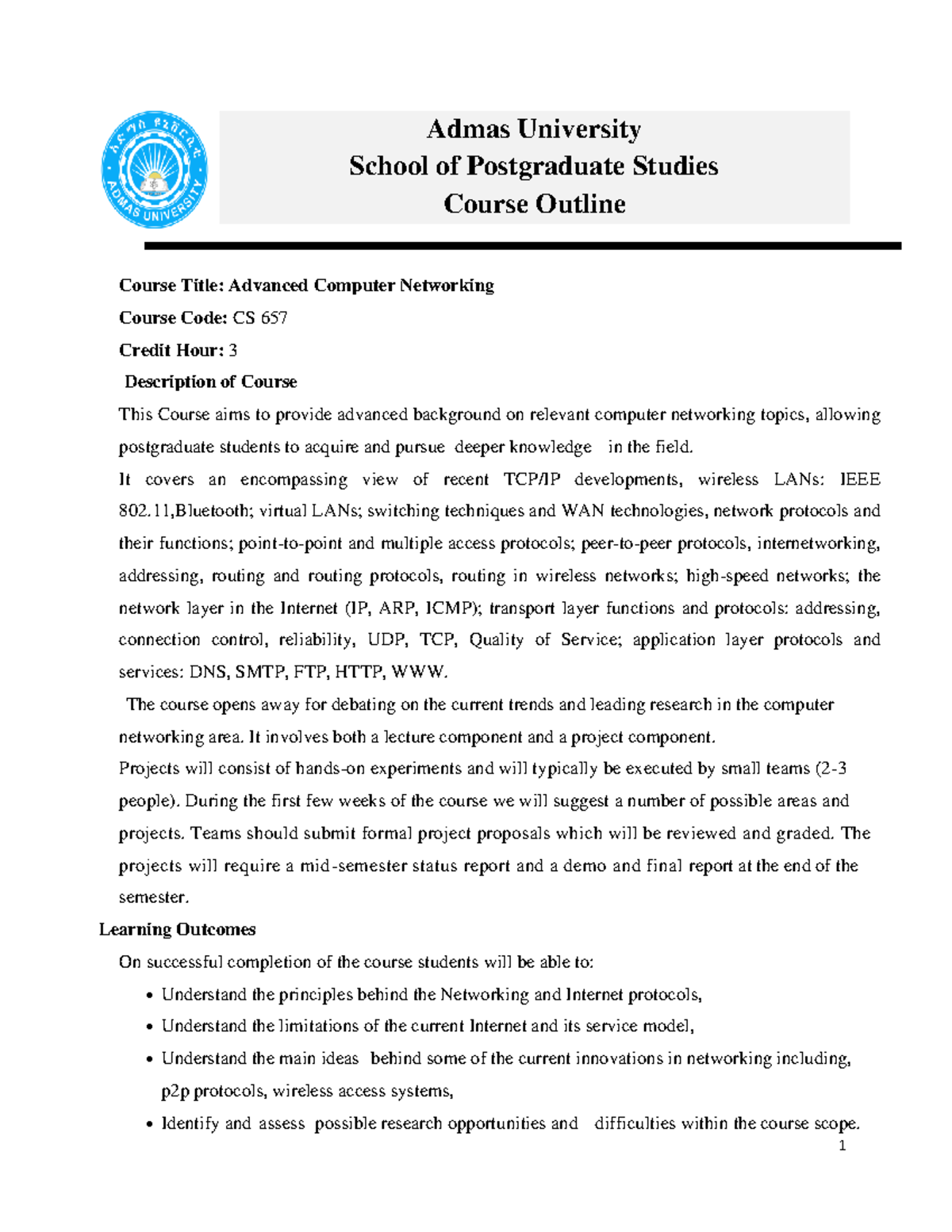 Advanced Computer Network - Admas University School of Postgraduate Studies Course Outline ...