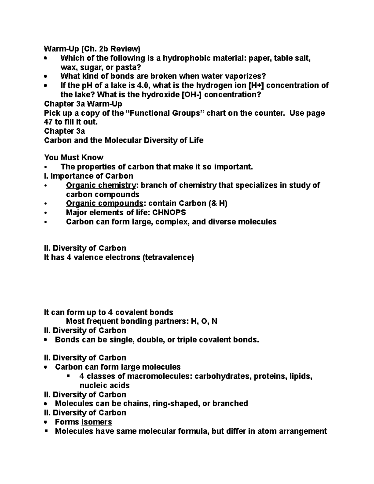 2021-CHEM-Lecture-Notes-CH3-Carbon-Molecular- Diversity - Warm-Up (Ch ...