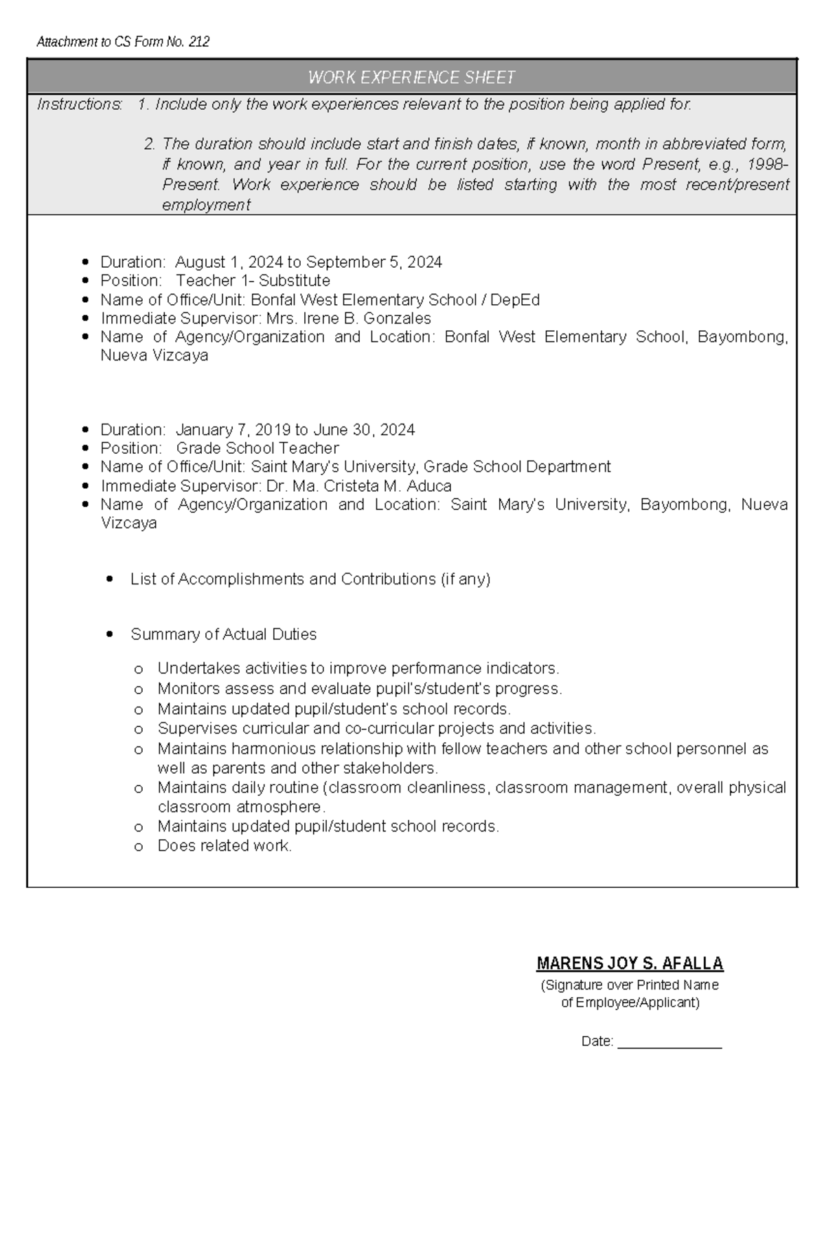 Work-Experience-Sheet sample-2 - Attachment to CS Form No. 212 MARENS ...