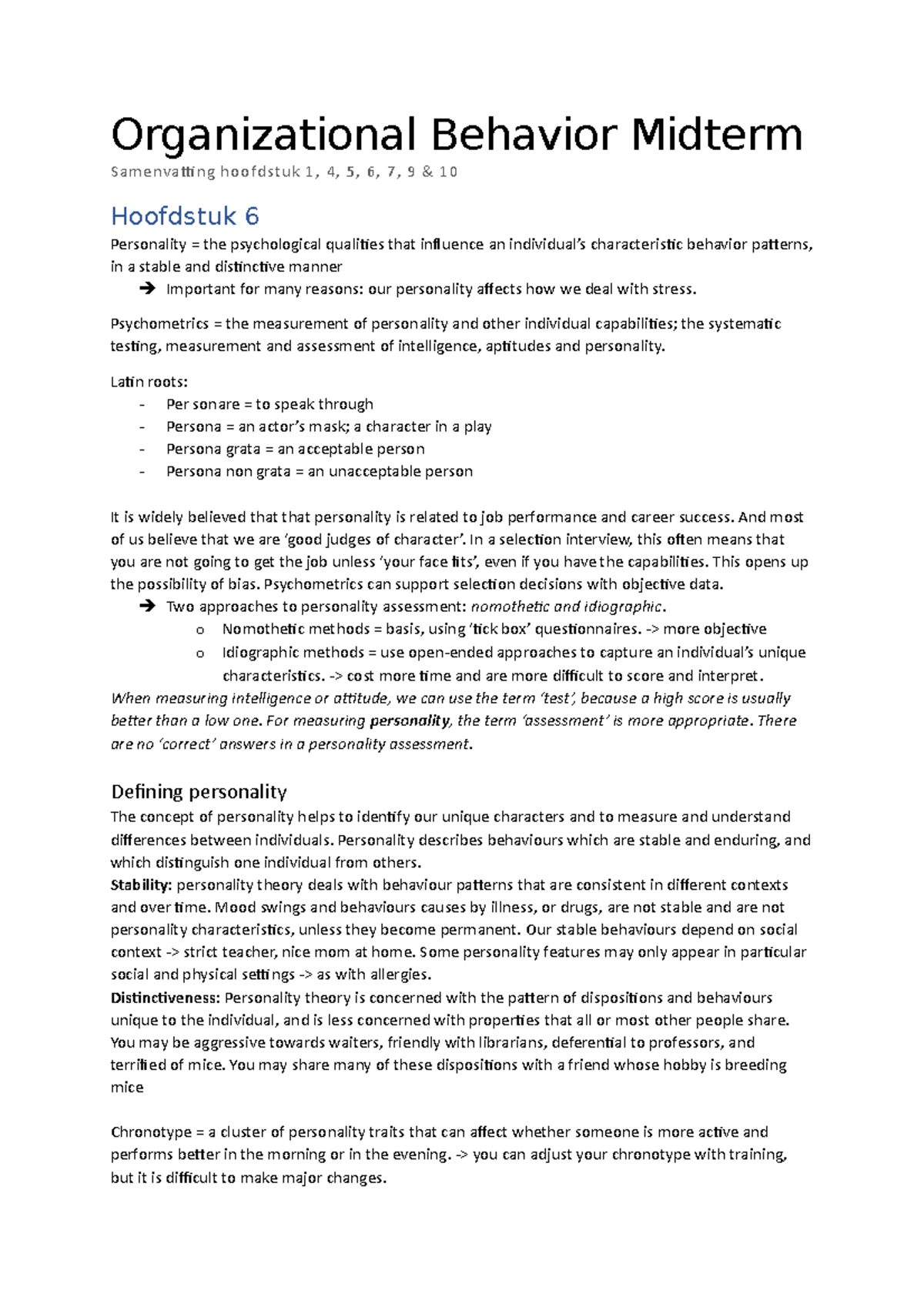 Organizational Behavior Midterm - Organizational Behavior Midterm Samenvatting hoofdstuk 1, 4, 5 ...