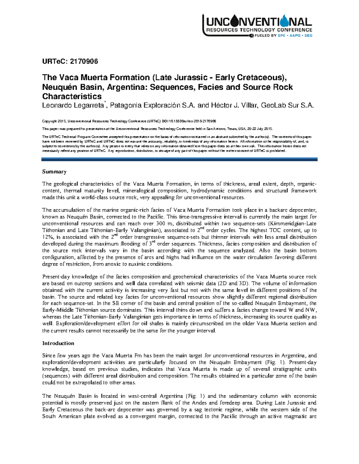 The Vaca Muerta Formation (Late Jurassic - Early Cretaceous),Legarreta Villar 2015 VM Urtec ...