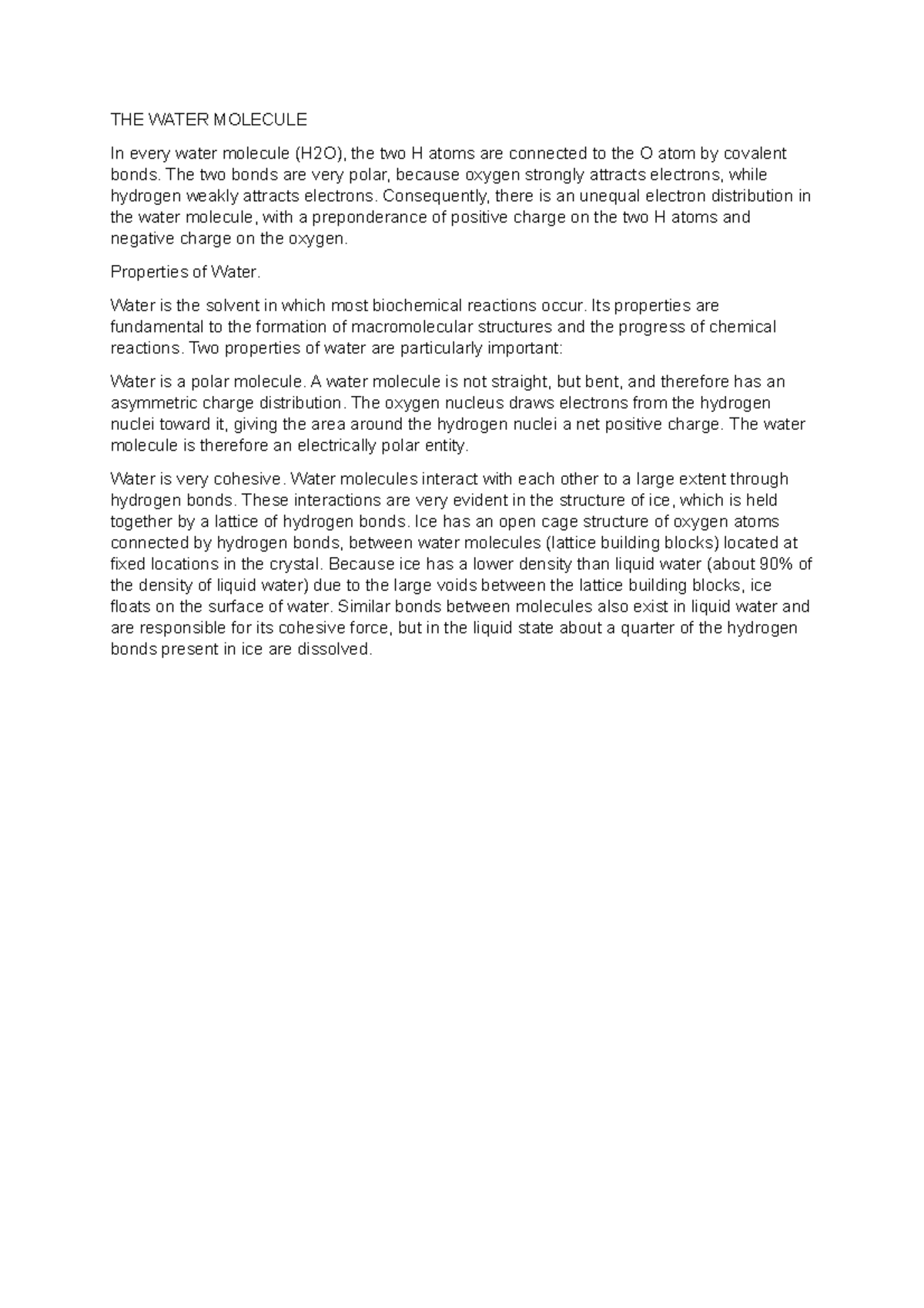 THE Water Molecule - Lecture notes 7 - THE WATER MOLECULE In every ...