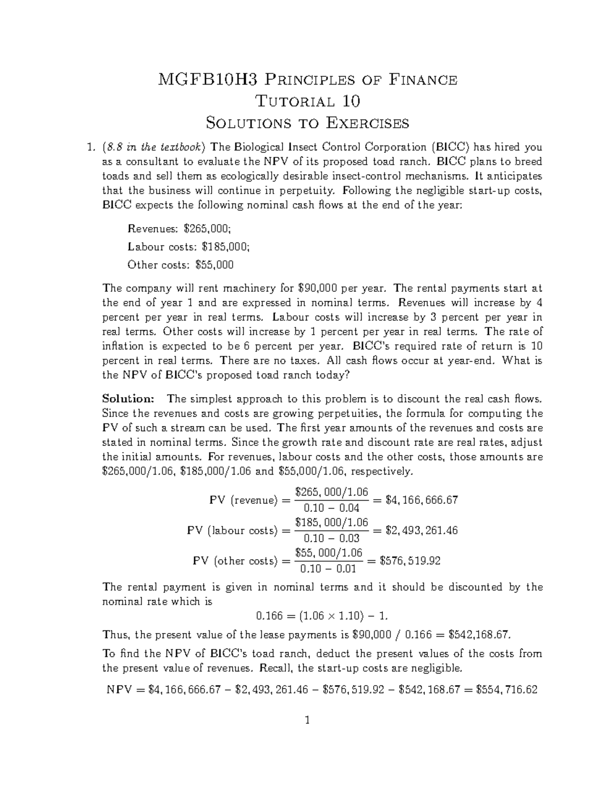10 - Tutorial Solutions - MGFB10H3 Principles of Finance Tutorial 10 ...