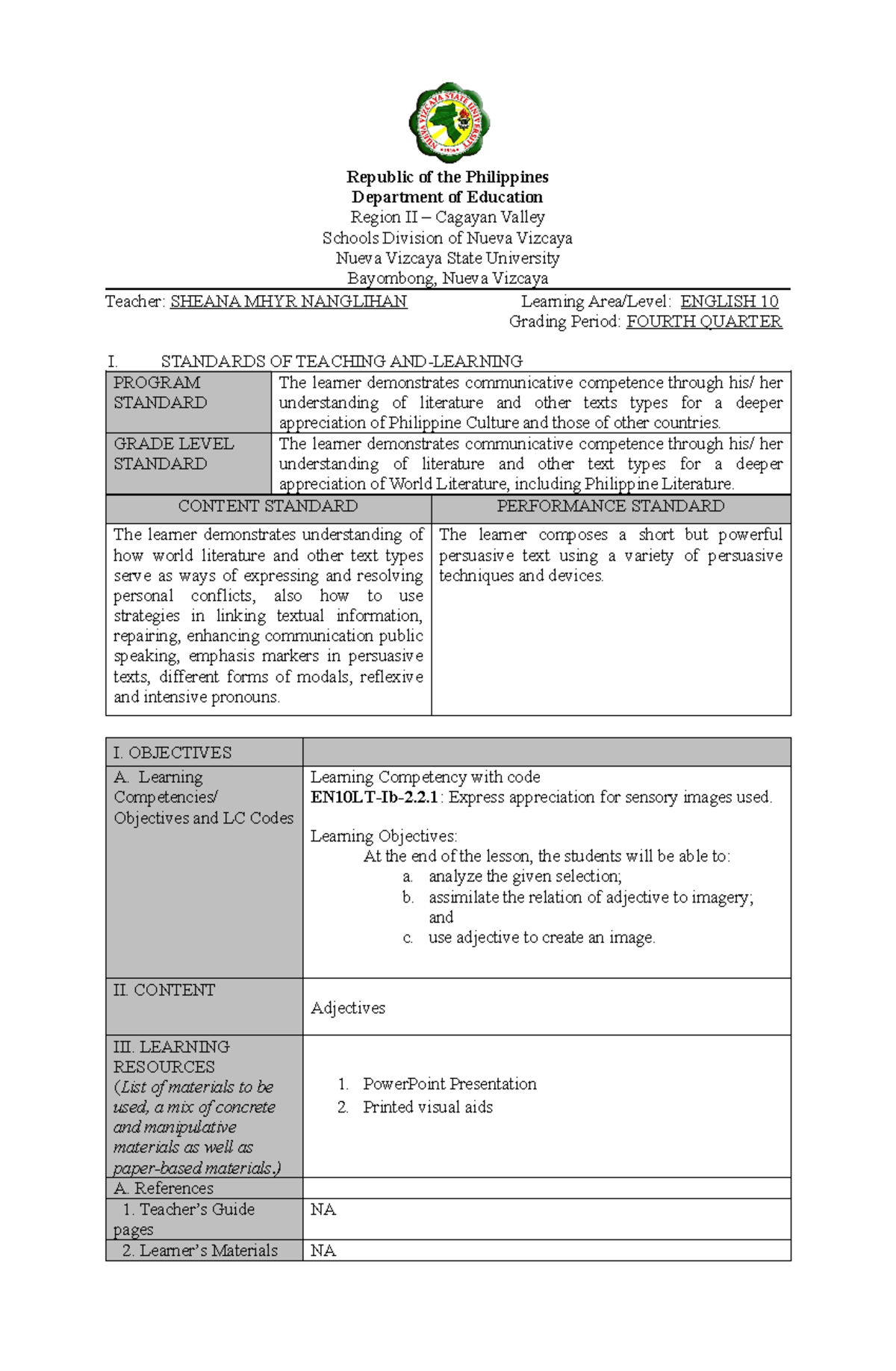 Final Lesson Plan Imagery - Republic of the Philippines Department of ...