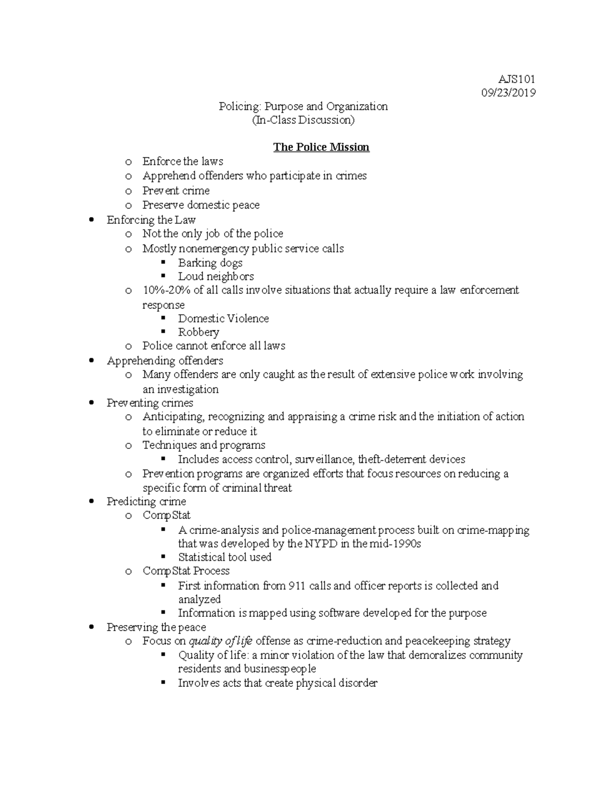 Policing:Purpose:Organization Notes - AJS 09/23/ Policing: Purpose and ...