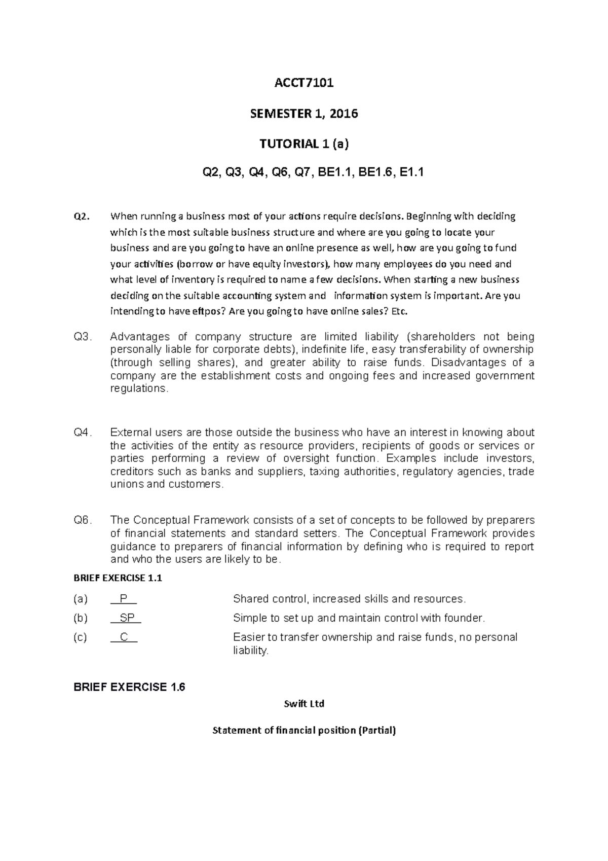 ACCT7101 Tutorial 1a solutions - ACCT7101 SEMESTER 1, 2016 TUTORIAL 1 ...