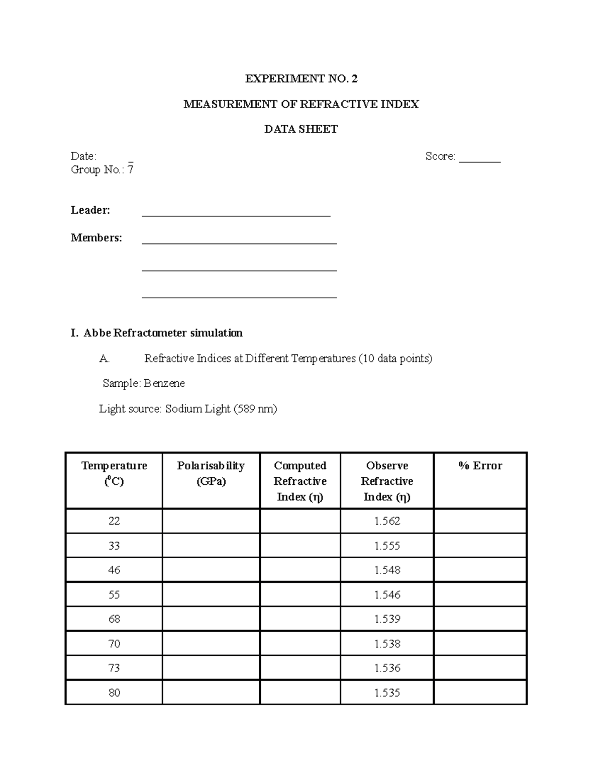 Experiment 2 Data Sheet - Chemical Engineering Thermodynamics - Studocu