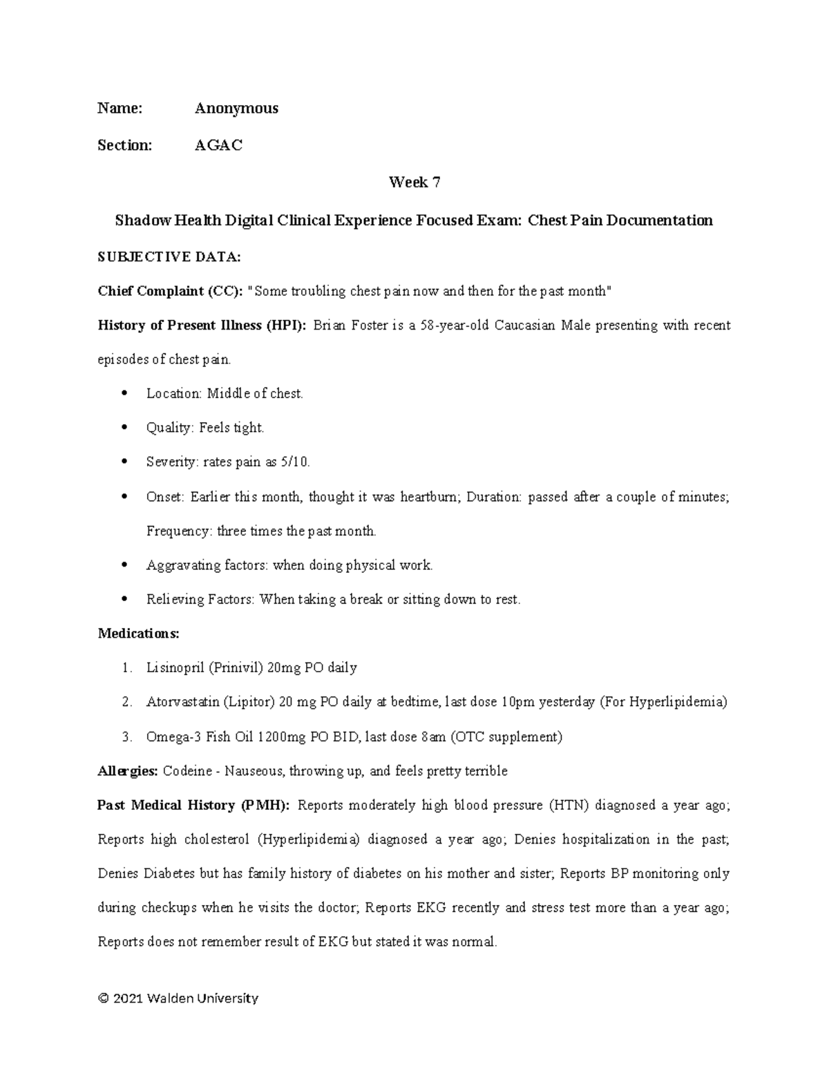 NURS 6512 Week 7 Assignment 1 SH DCE Focused Exam Chest Pain ...