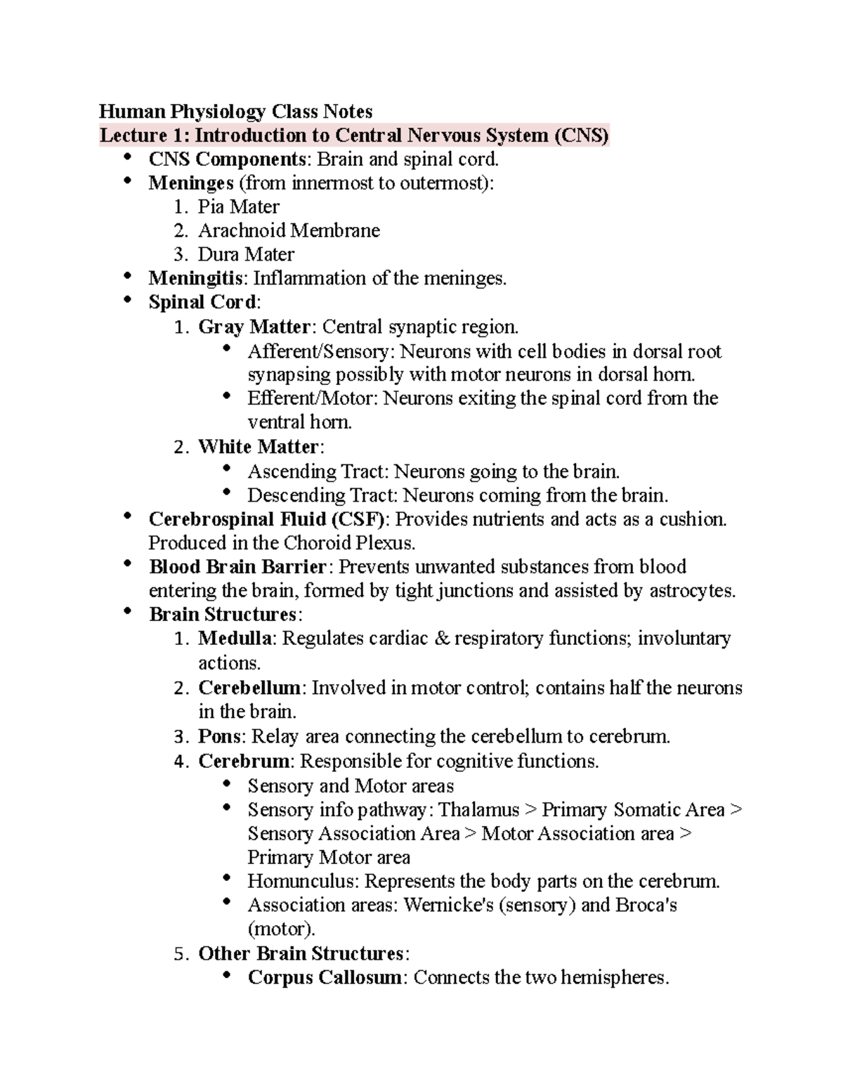 PGY 300 Neurophysiology - Human Physiology Class Notes Lecture 1 ...