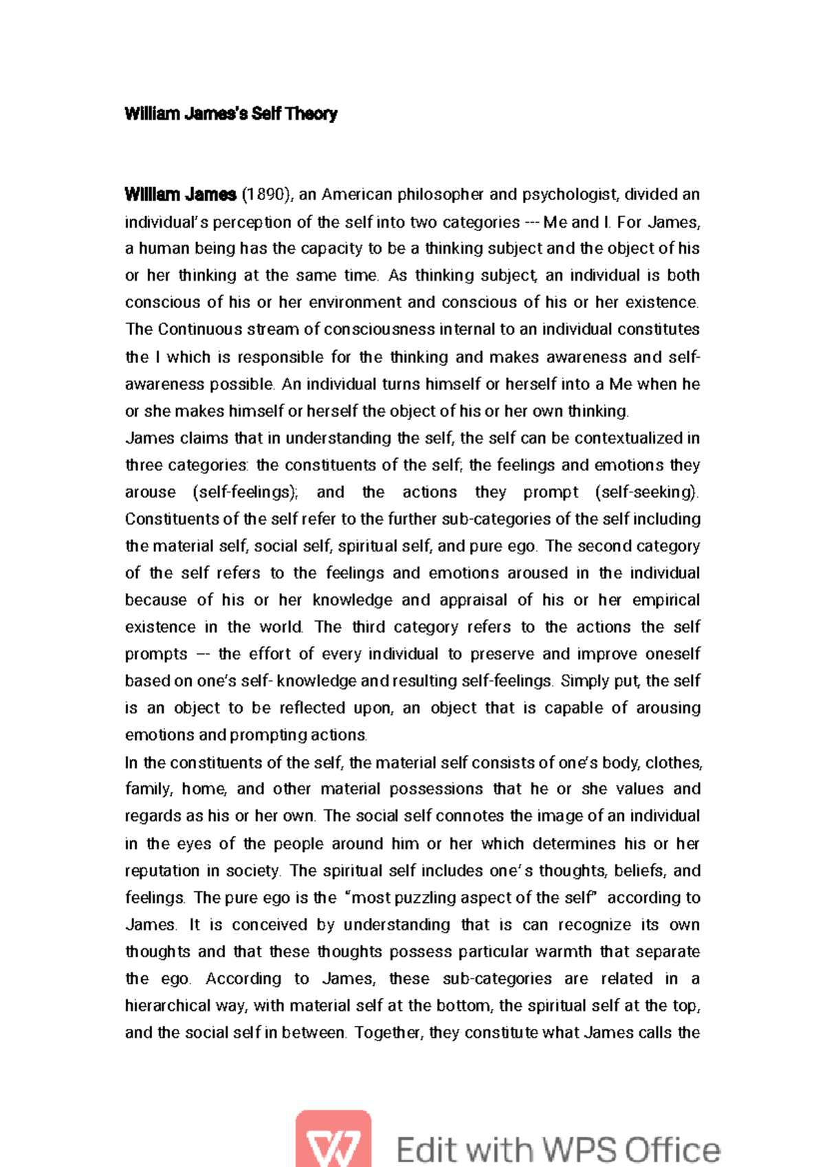 William James’s Theory - William James’s Self Theory William James ...