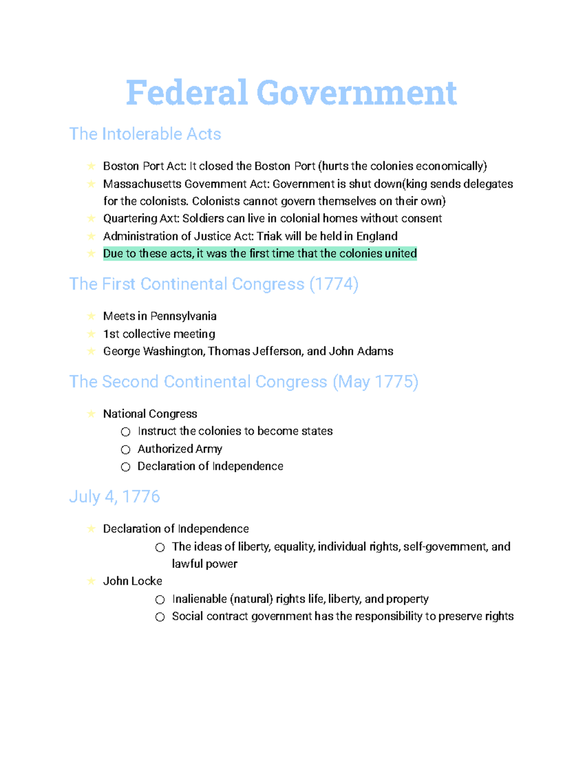 Federal Government Notes pt3 - Federal Government The Intolerable Acts ...