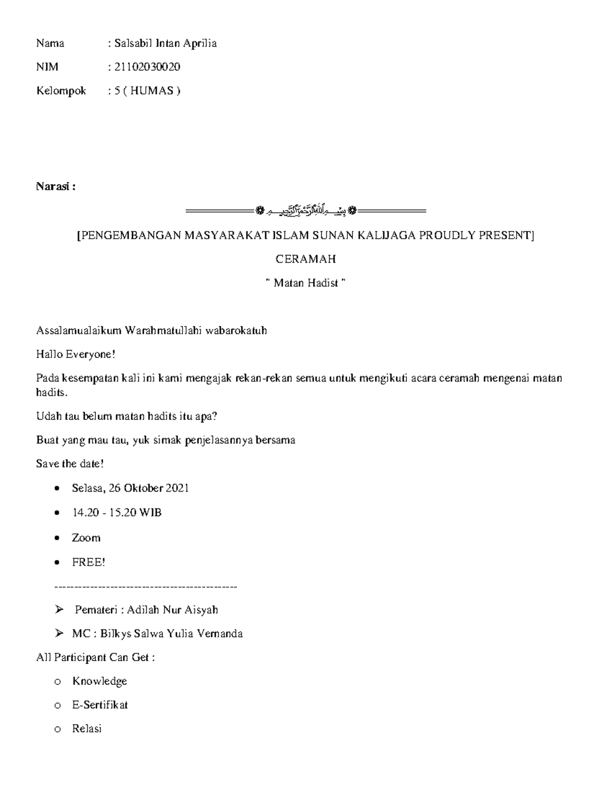 Ulumul Hadist bagi kehidupan - Nama : Salsabil Intan Aprilia NIM ...