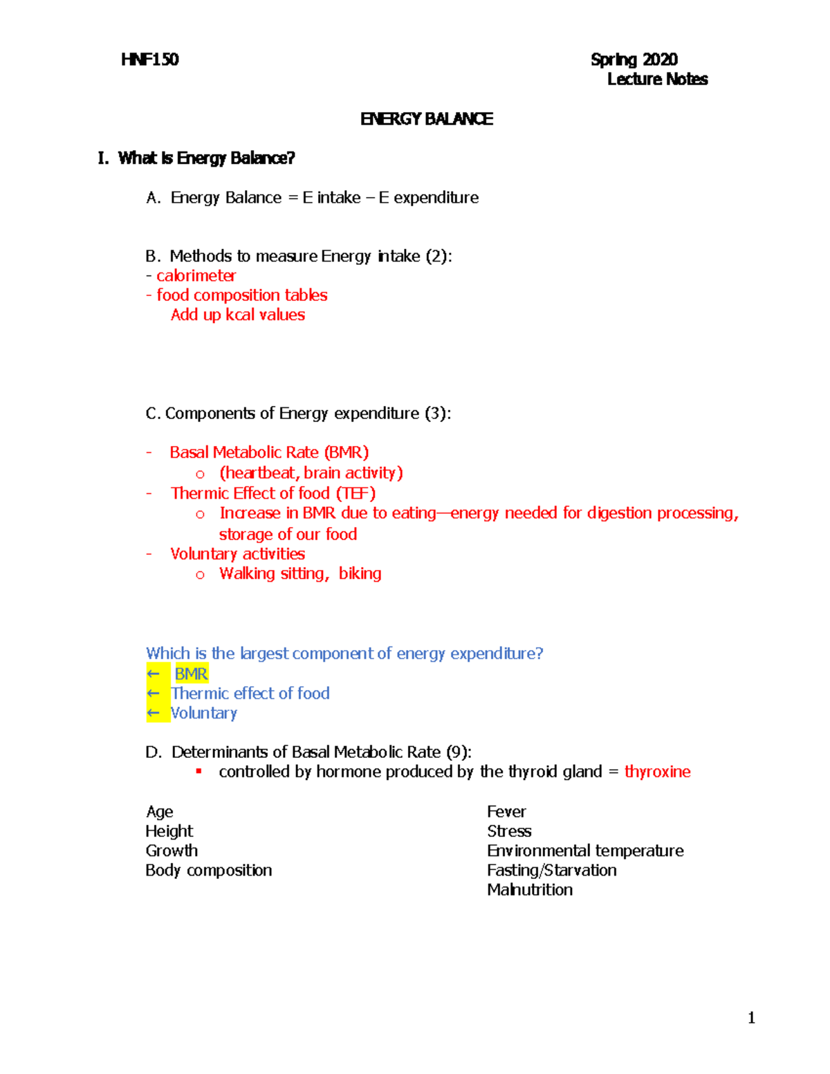 Energy balance outline Sp20 - Lecture Notes ENERGY BALANCE I. What is ...