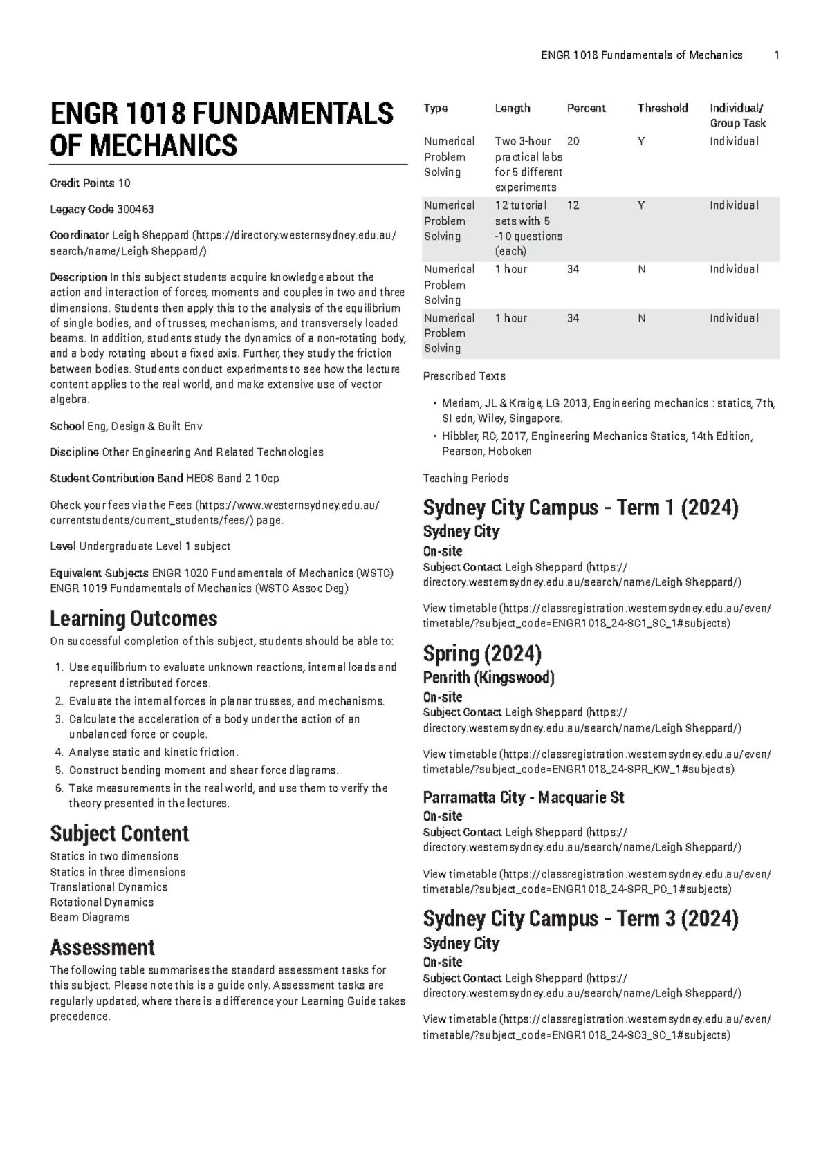 Learning Outcome Engnr 1018 (Fundamentals of Mechanics) - ENGR 1018 Fundamentals of Mechanics 1 ...
