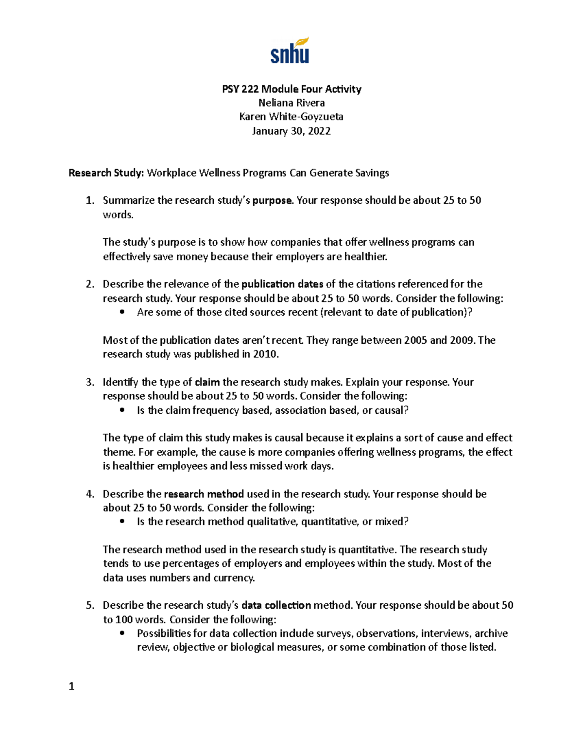 PSY222 Module Four Activity - PSY 222 Module Four Activity Neliana Rivera Karen White-Goyzueta ...
